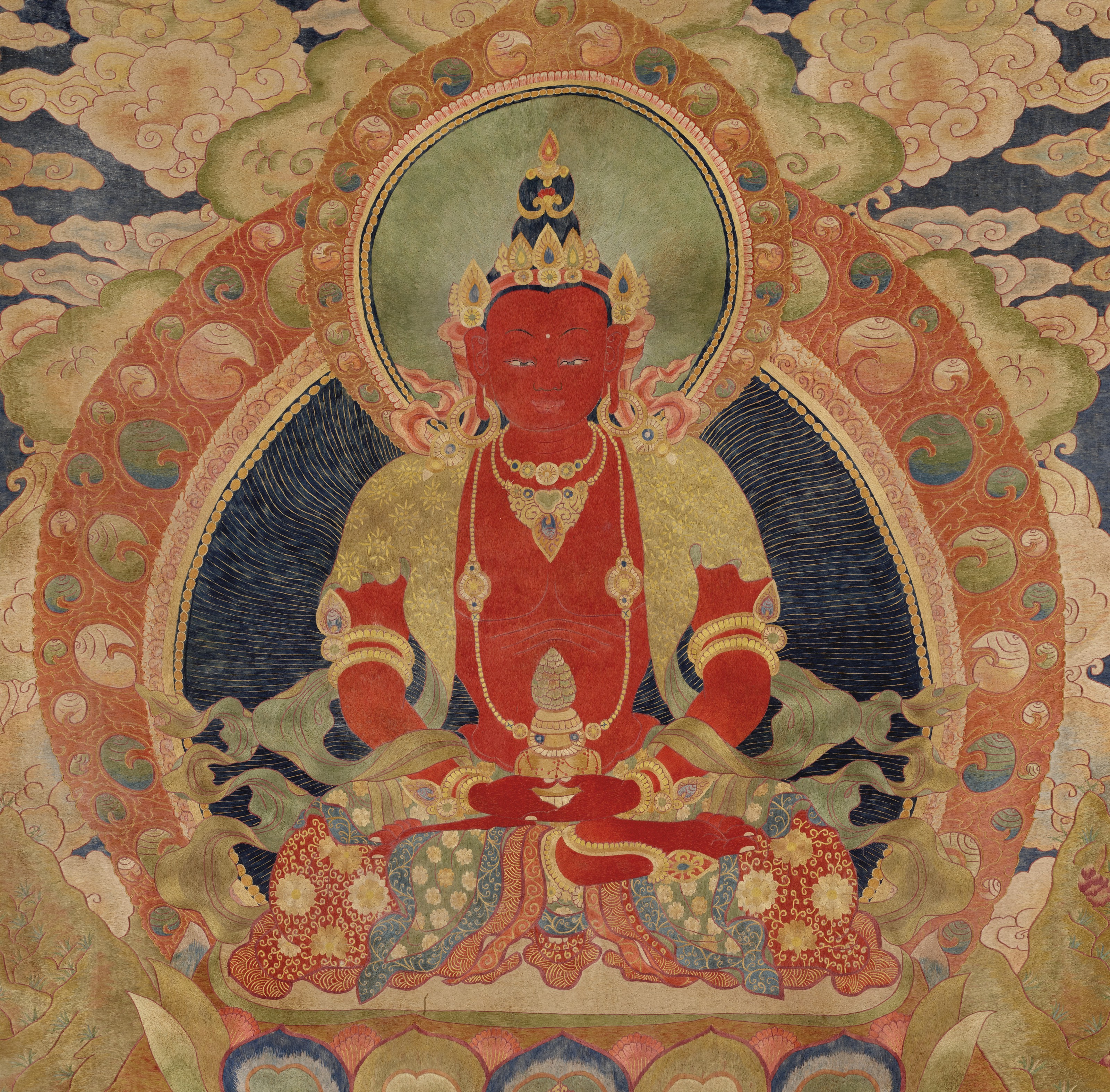 A VERY LARGE AND FINELY EMBROIDERED THANGKA OF AMITAYUS