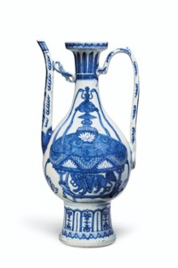 A RARE BLUE AND WHITE 'MAGIC FOUNTAIN' EWER, JIAJING PERIOD (1522-1566 ...