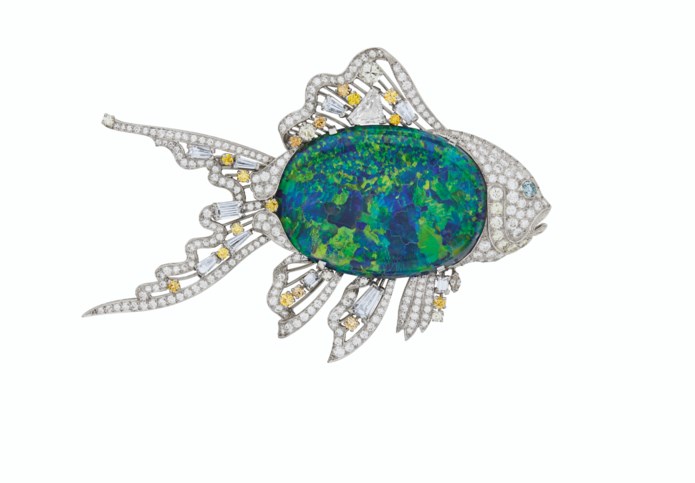 BLACK OPAL, COLORED DIAMOND AND DIAMOND FISH BROOCH, VAN CLEEF & ARPELS