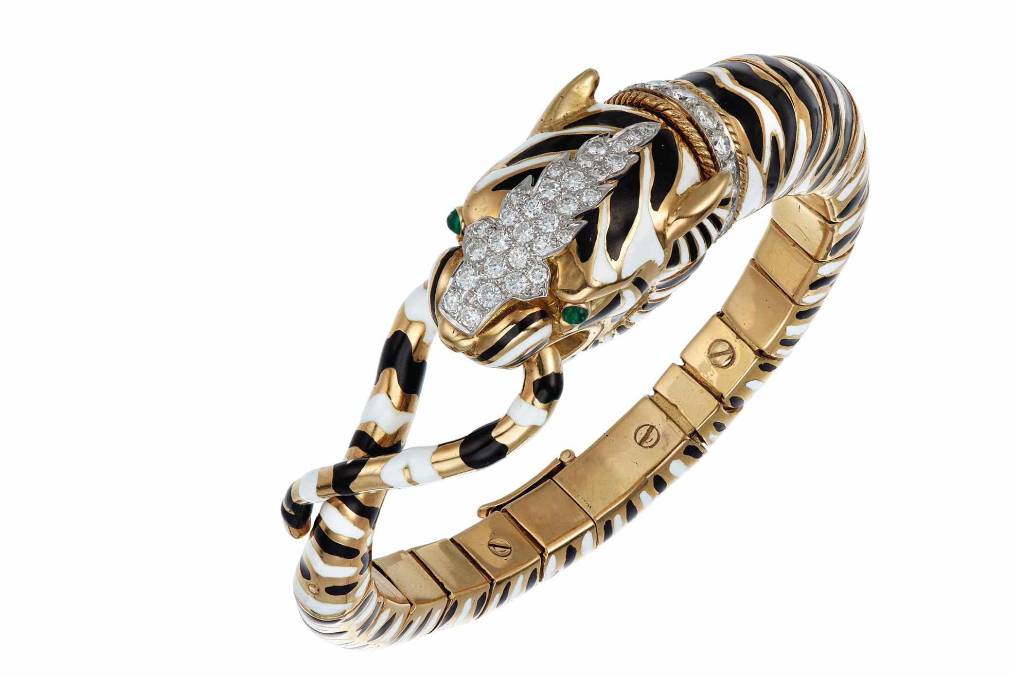 ENAMEL, DIAMOND AND EMERALD TIGER BANGLE BRACELET, DAVID WEBB | Christie's