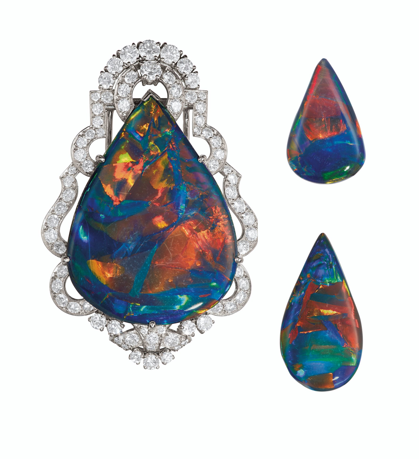 THE 'SYDNEY QUEEN' BLACK OPAL AND DIAMOND BROOCH AND TWO UNMOUNTED ...