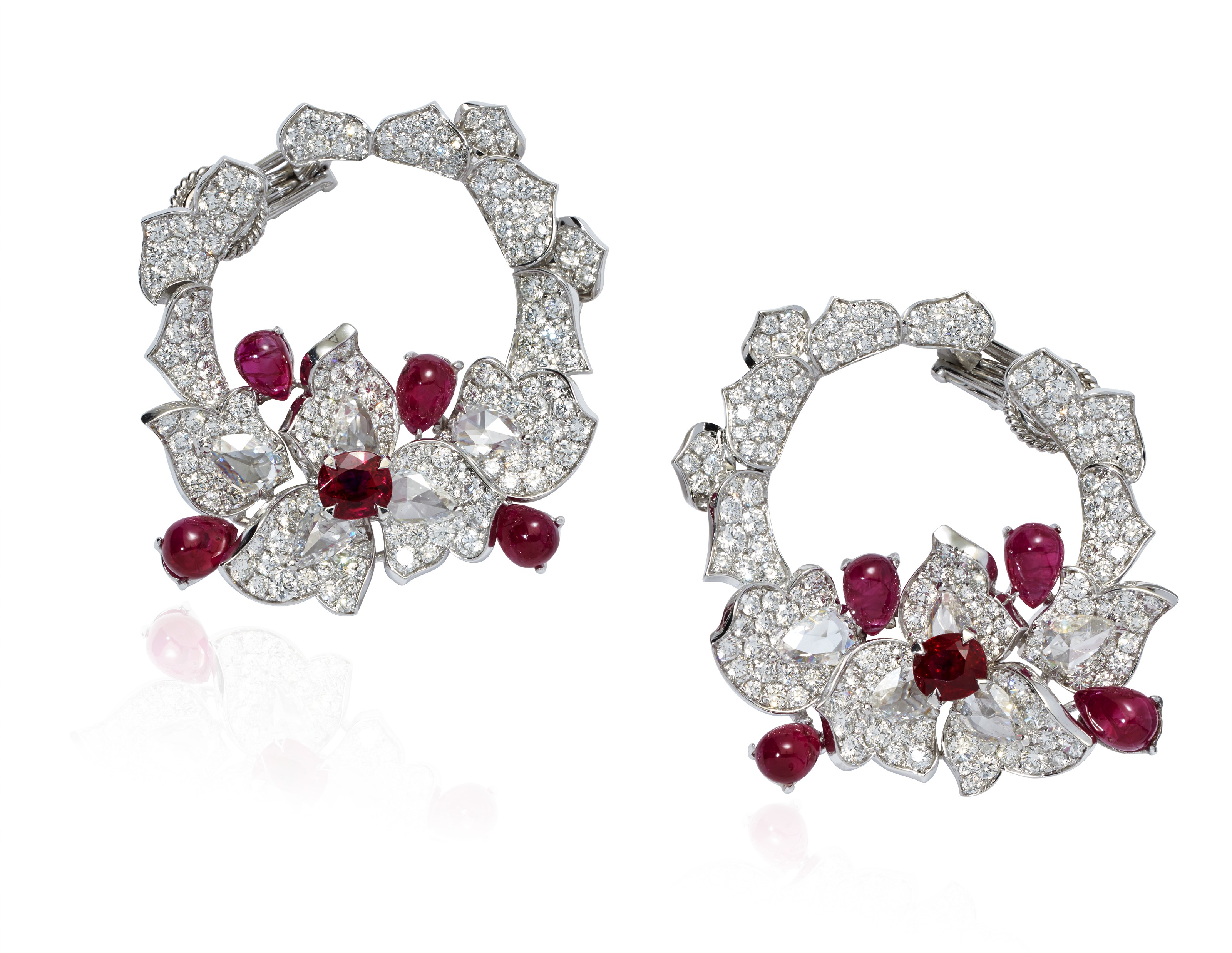 DAVID MORRIS 'LOTUS' RUBY AND DIAMOND HOOP EARRINGS, | Christie’s