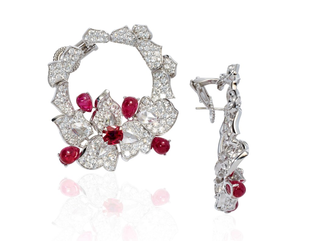 DAVID MORRIS 'LOTUS' RUBY AND DIAMOND HOOP EARRINGS, | Christie’s