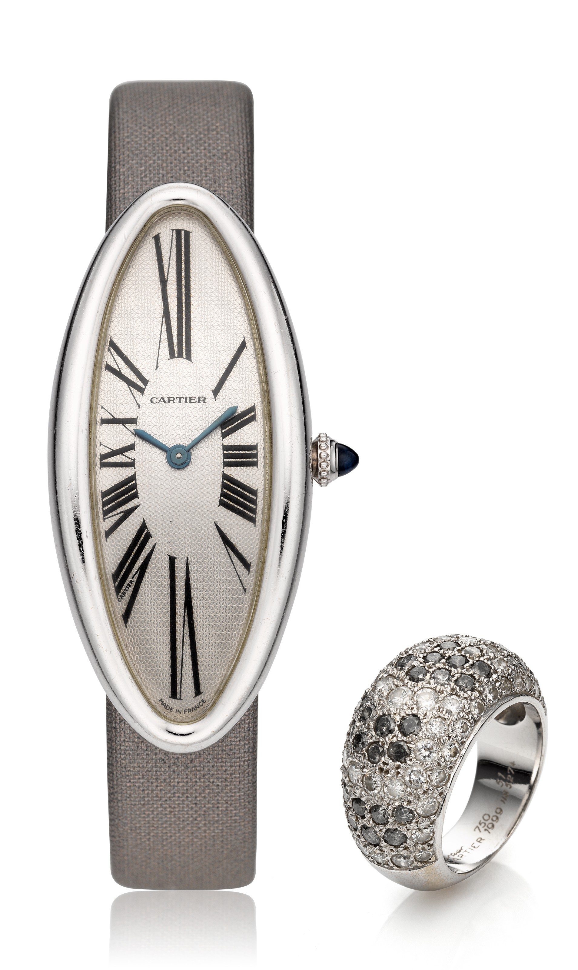 CARTIER, BAIGNOIRE ALLONGEE WATCH & MATCHING DIAMOND RING SET ...