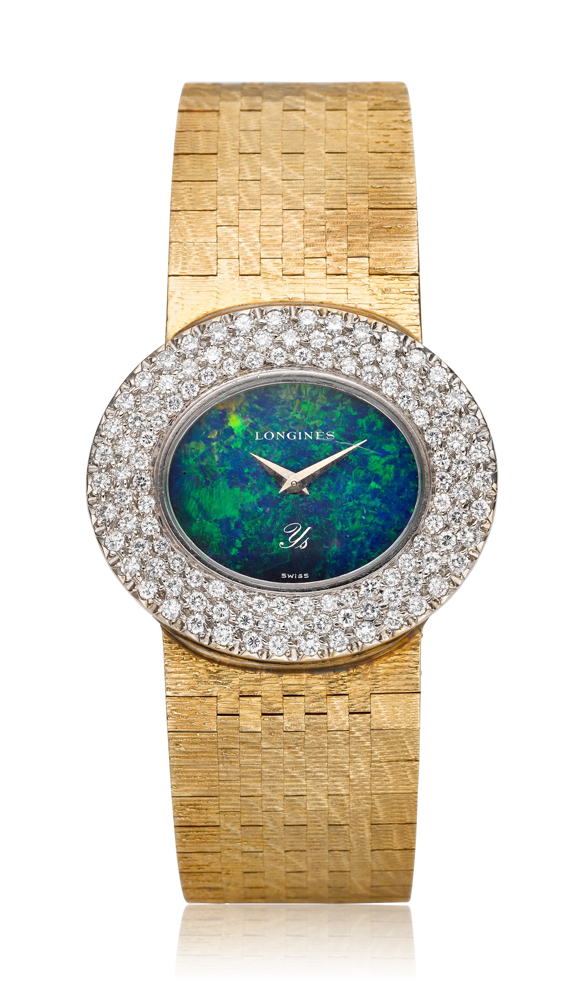 LONGINES, YVES SAINT BLAISE, OPAL DIAL, 18K GOLD AND DIAMOND CASE, 14K ...