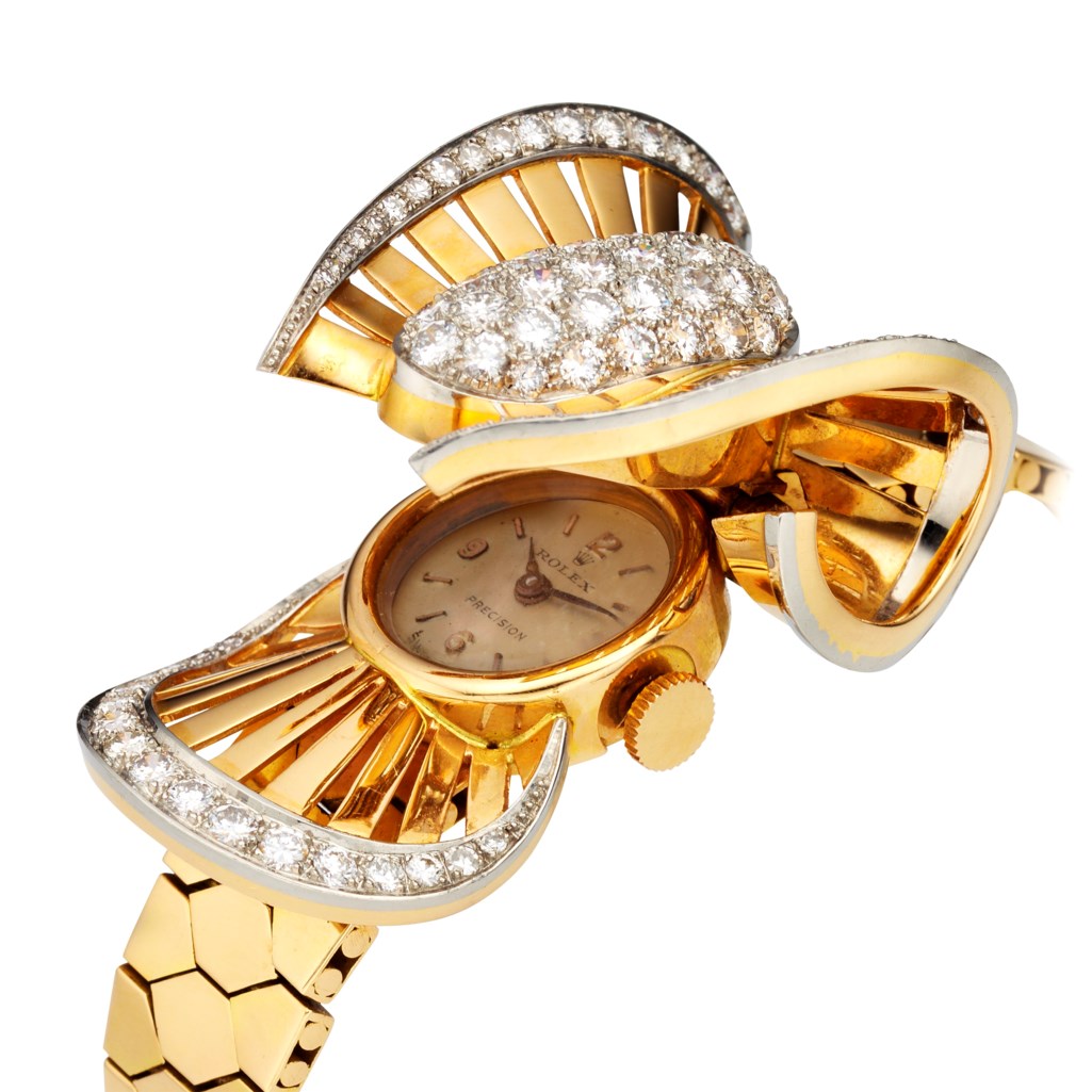 ROLEX, LADIES 18K GOLD AND DIAMOND BRACELET WATCH WITH CONCEALED DIAL ...