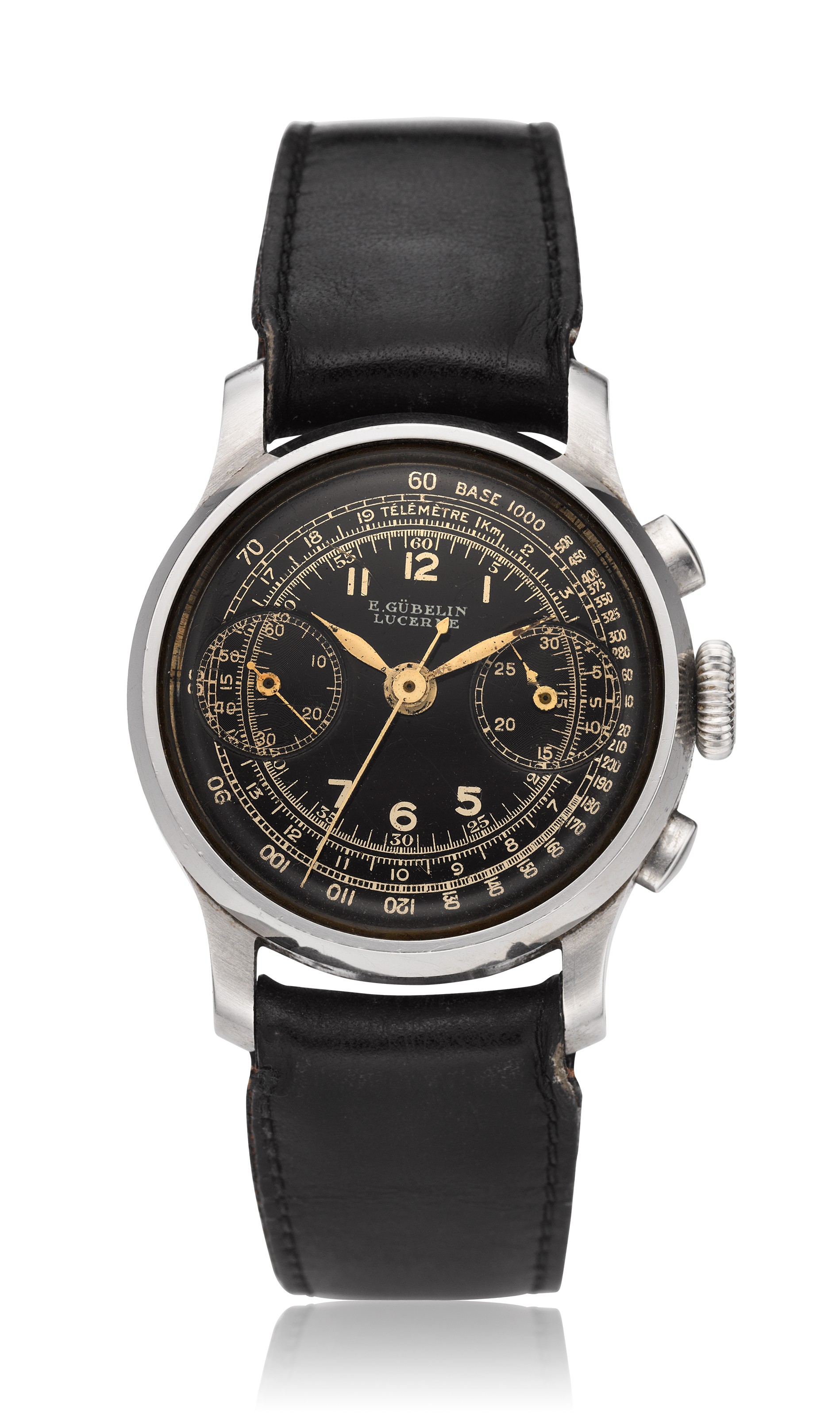 E. GUBELIN, STEEL CHRONOGRAPH WITH BLACK GILT DIAL, | Christie’s