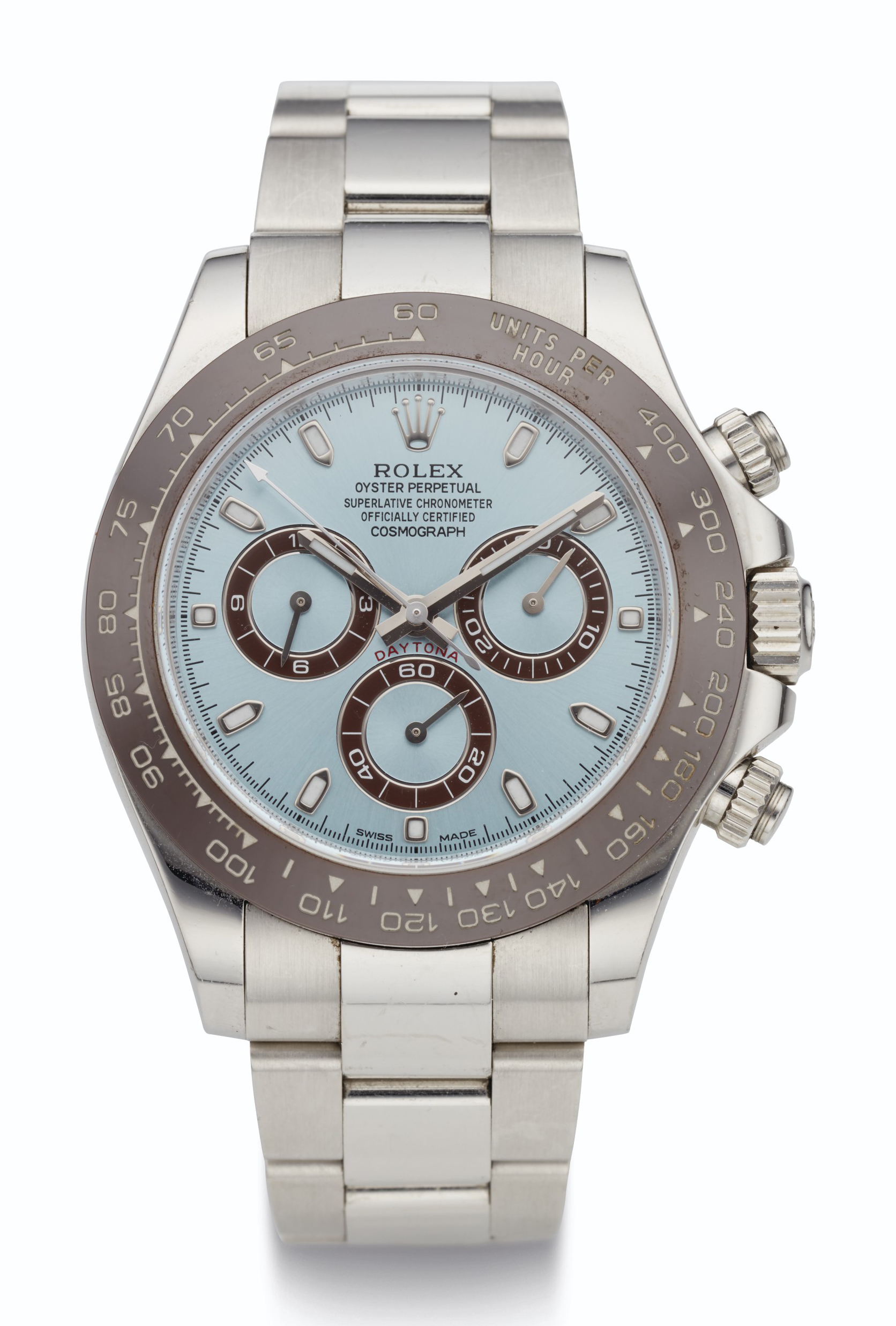 ROLEX, PLATINUM CHRONOGRAPH, ICE BLUE DIAL WITH BROWN CERAMIC BEZEL ...