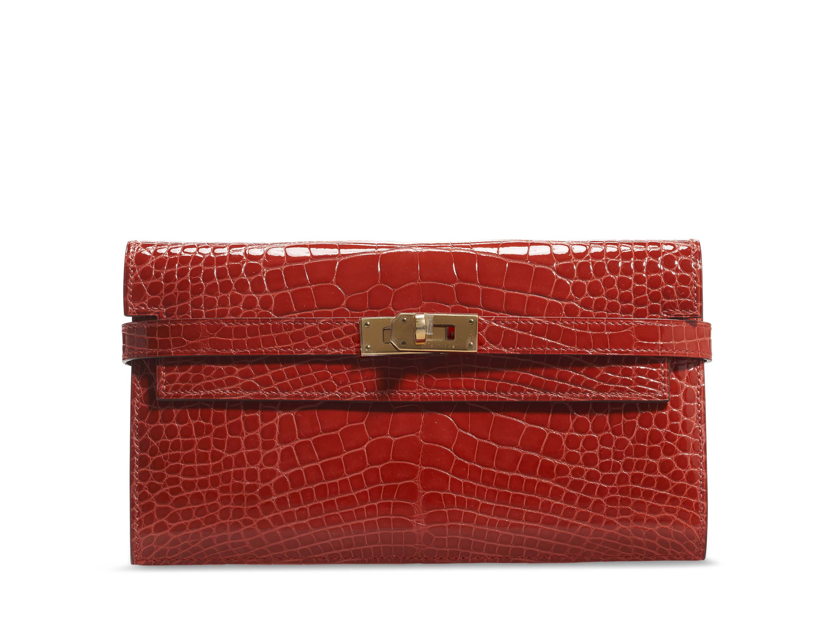 A SHINY ORANGE POPPY ALLIGATOR KELLY CLASSIC WALLET WITH GOLD HARDWARE ...