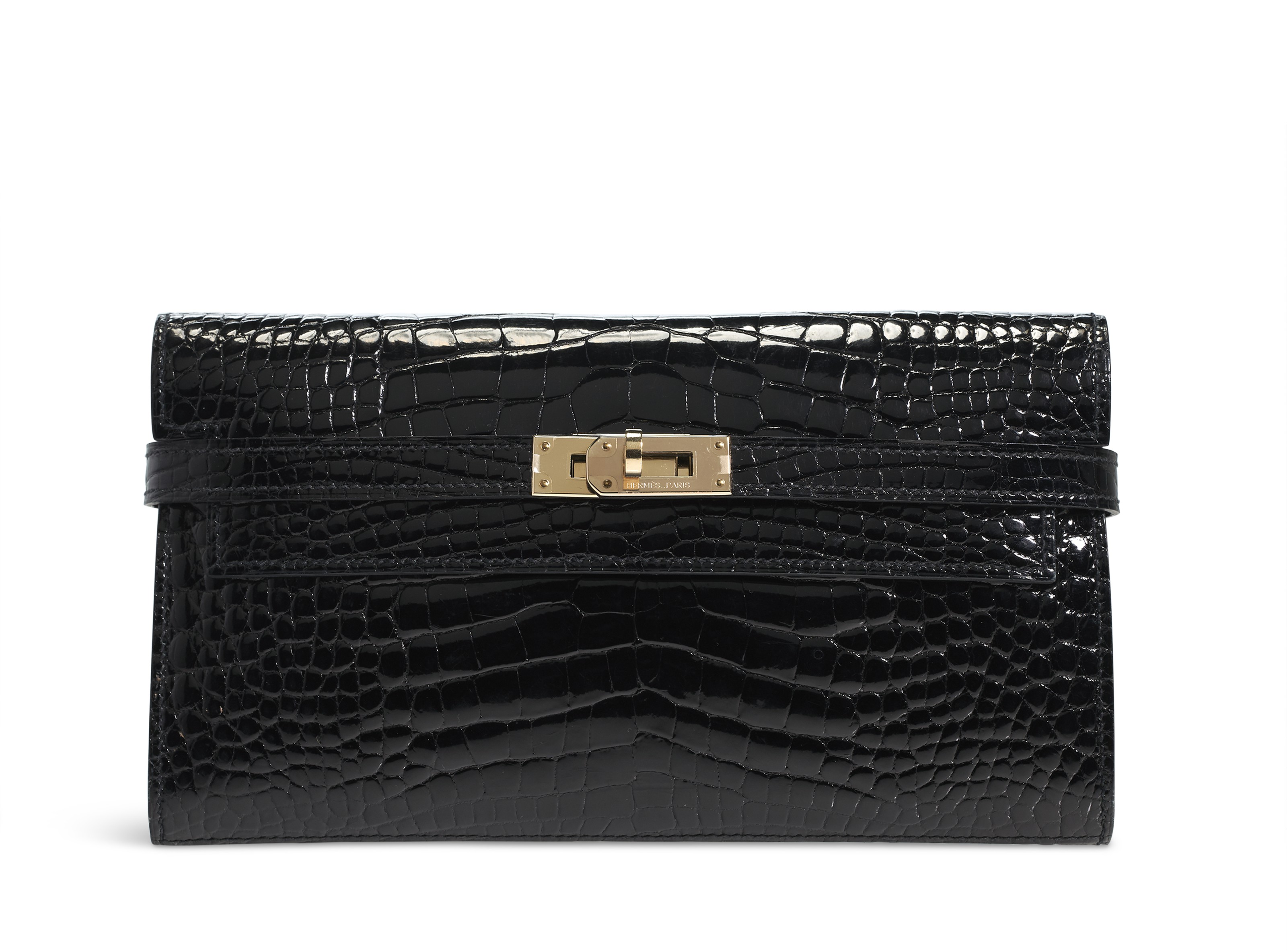 A SHINY BLACK ALLIGATOR KELLY CLASSIC WALLET WITH PERMABRASS HARDWARE ...