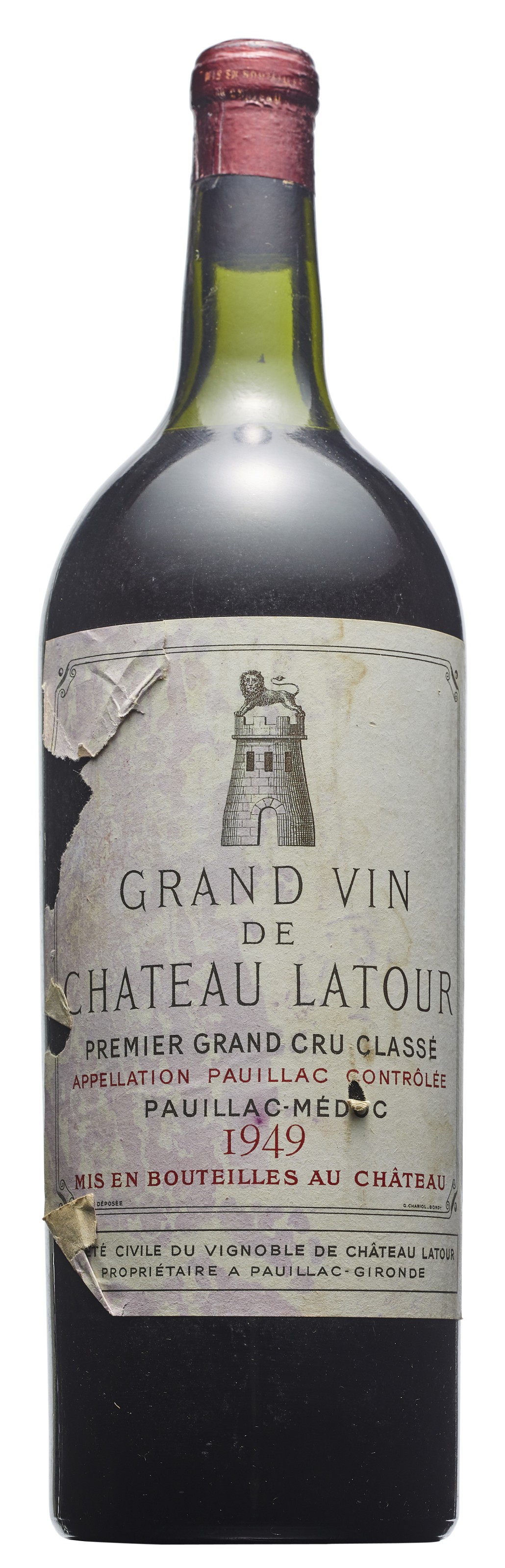 Château Latour 1949, Pauillac, 1er cru classéCorroded capsule, damaged and tissue-stained ...
