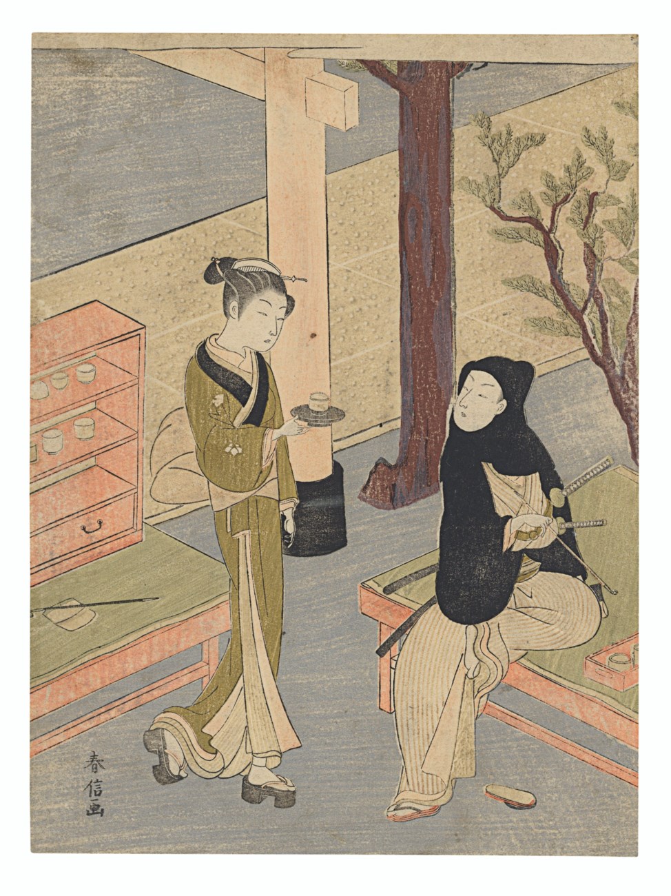SUZUKI HARUNOBU (1725-1770), Kagiya Osen serving a young samurai in a ...
