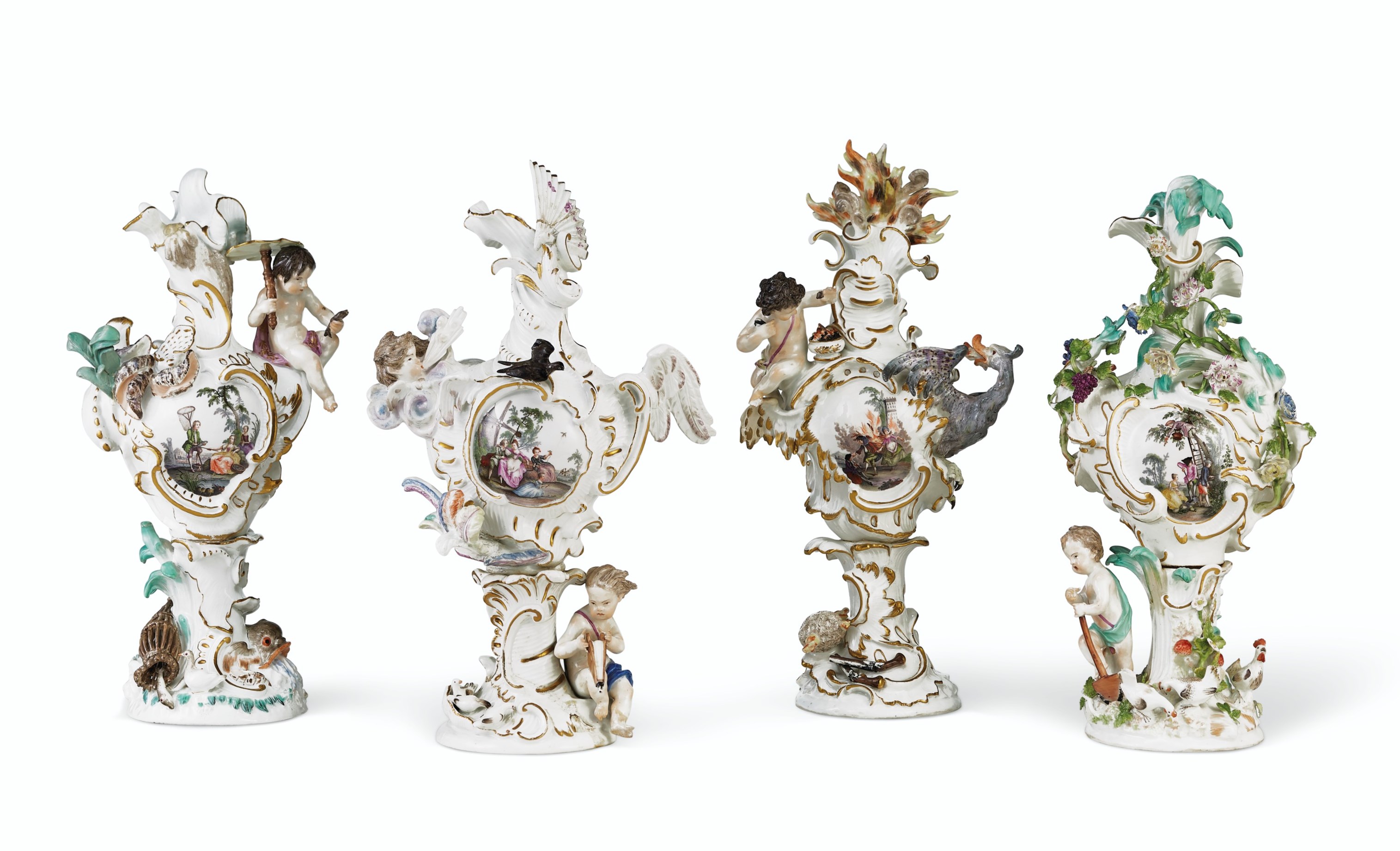 A SET OF FOUR MEISSEN PORCELAIN FIGURAL VASES EMBLEMATIC OF THE ...