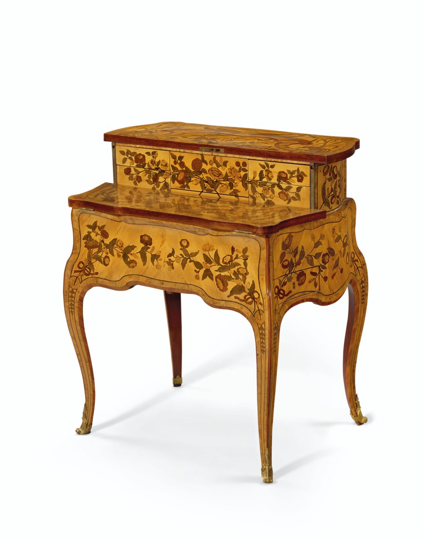 A ROYAL LOUIS XV ORMOLU-MOUNTED BURR BIRCH, TULIPWOOD, FRUITWOOD, AMARANTH AND MARQUETRY TABLE A ...