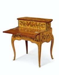 A ROYAL LOUIS XV ORMOLU-MOUNTED BURR BIRCH, TULIPWOOD, FRUITWOOD, AMARANTH AND MARQUETRY TABLE A ...
