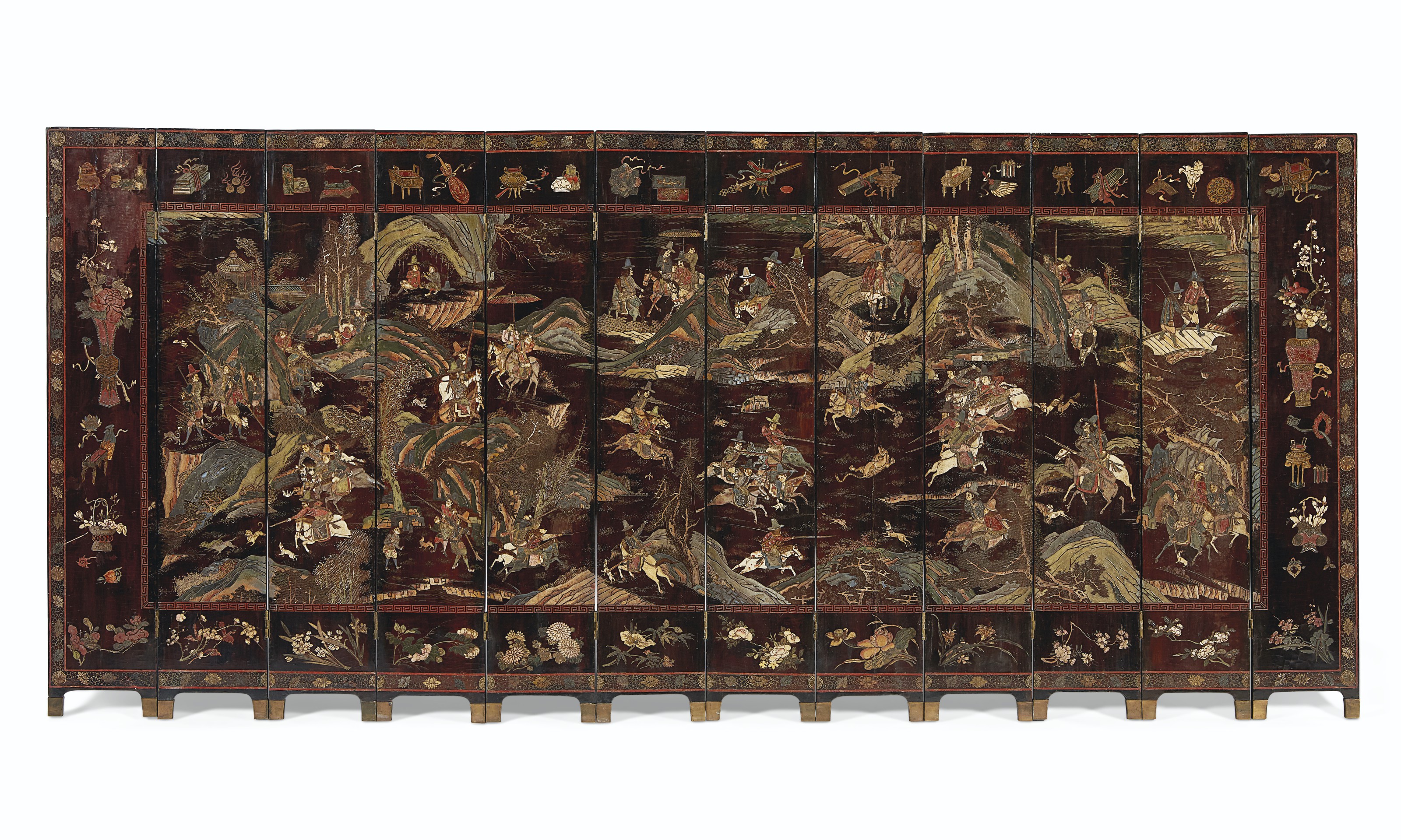 A RARE SMALL CHINESE TWELVE-PANEL COROMANDEL LACQUER SCREEN
