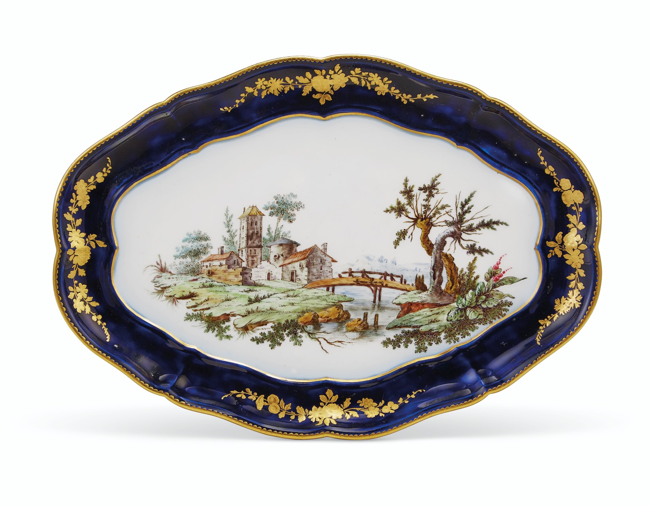 A VINCENNES PORCELAIN BLEU LAPIS LOZENGE-FORM TRAY (PLATEAU DU ROI ...