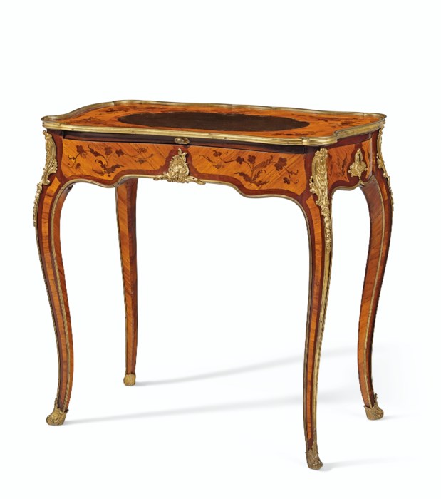 A LOUIS XV ORMOLU-MOUNTED TULIPWOOD, AMARANTH AND KINGWOOD BOIS DE BOUT MARQUETRY TABLE A ECRIRE ...