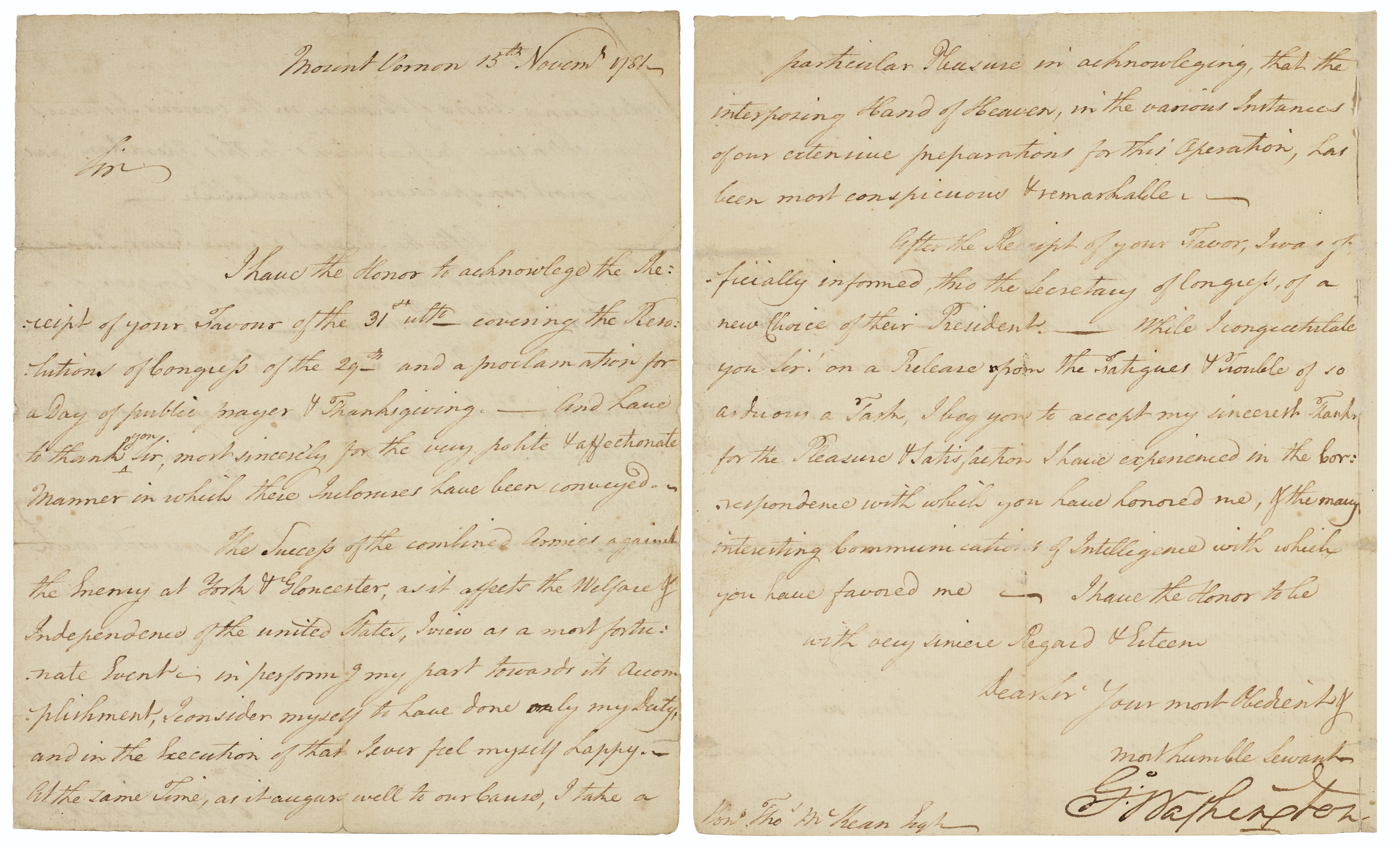 On the victory at Yorktown, George Washington, 15 November 1781 ...