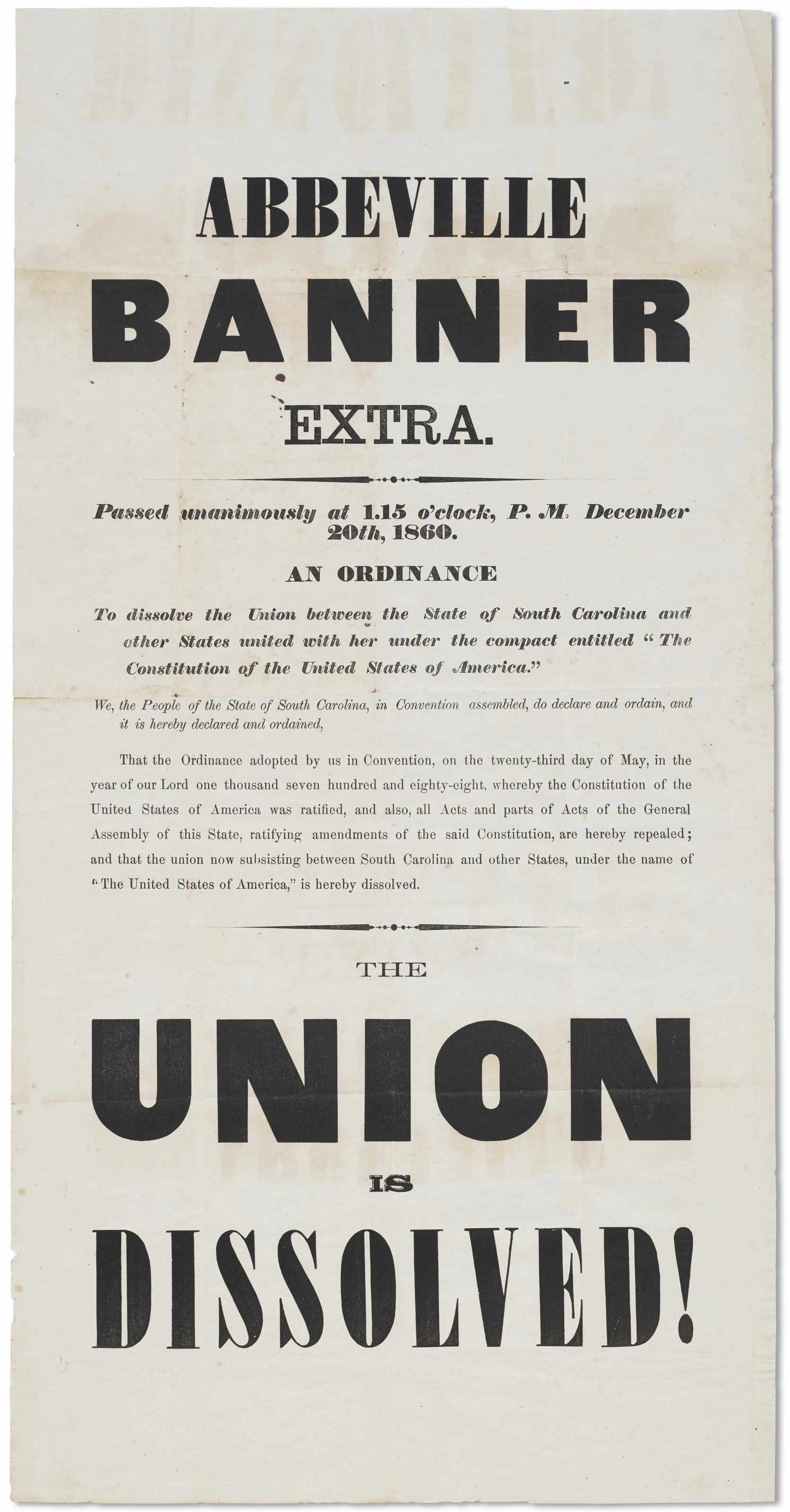 THE UNION IS DISSOLVED!, Charleston, South Carolina, 1860. | Christie’s