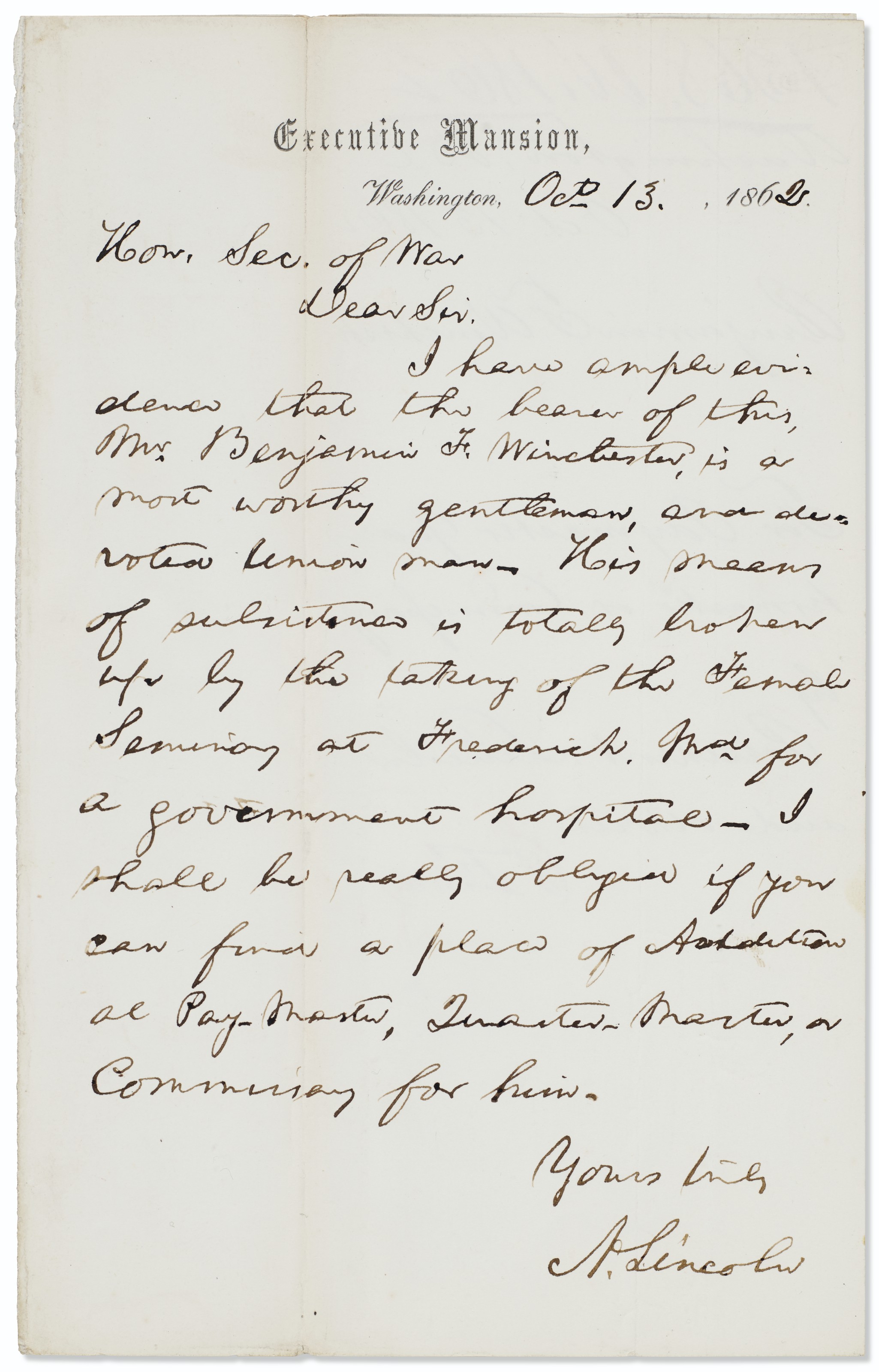 To Secretary of War Edwin Stanton, Abraham Lincoln, 13 October 1862 ...