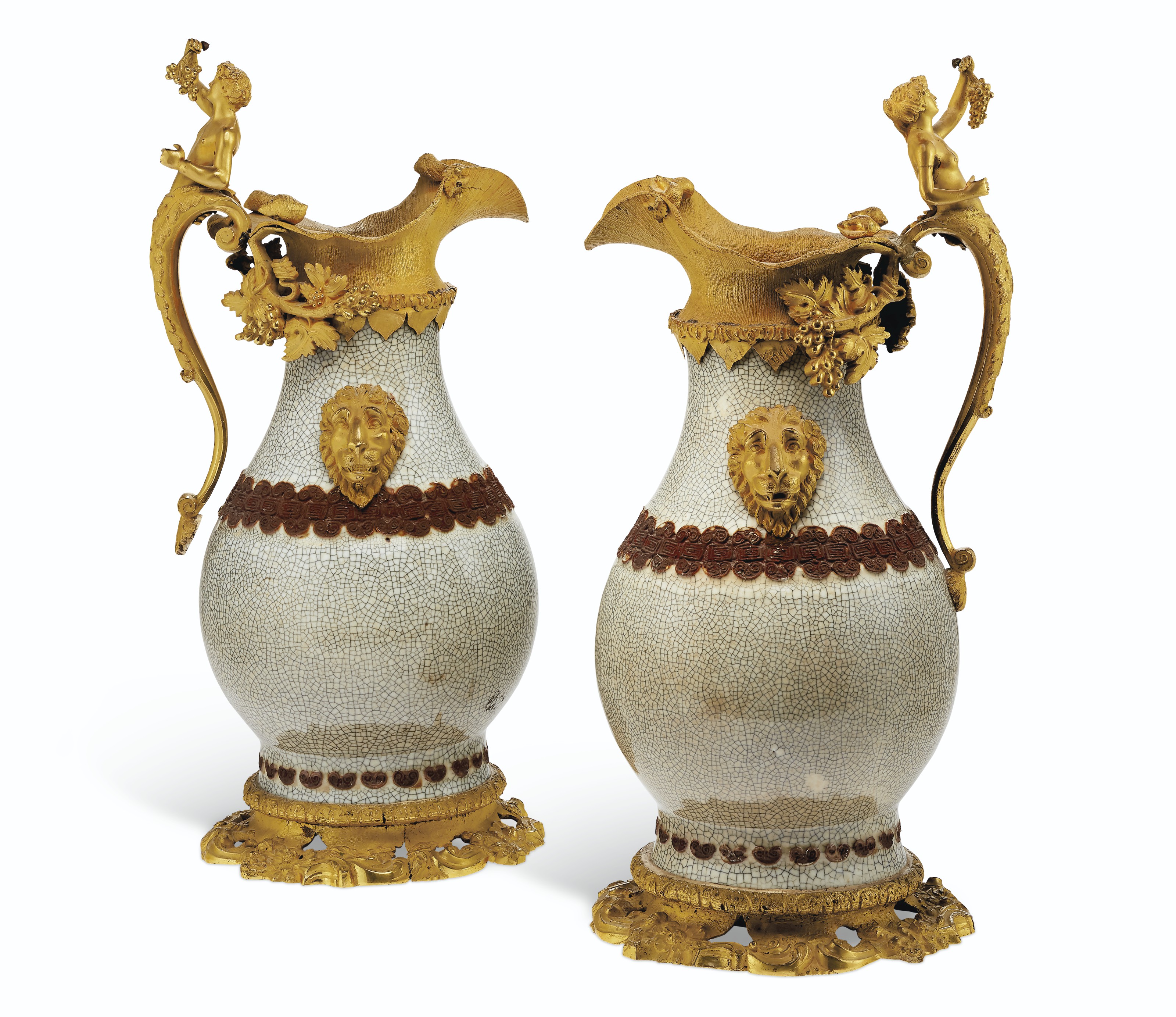 A PAIR OF RESTAURATION ORMOLU-MOUNTED CHINESE CRACKLE-GLAZED VASES ...