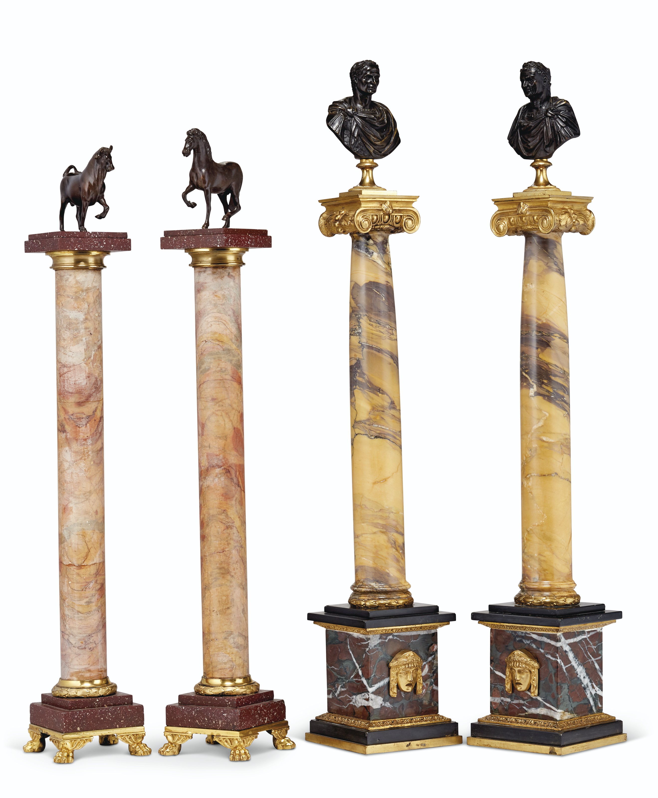 TWO PAIRS OF ORMOLU AND PATINATED BRONZE-MOUNTED MARBLE COLUMNS, LATE ...