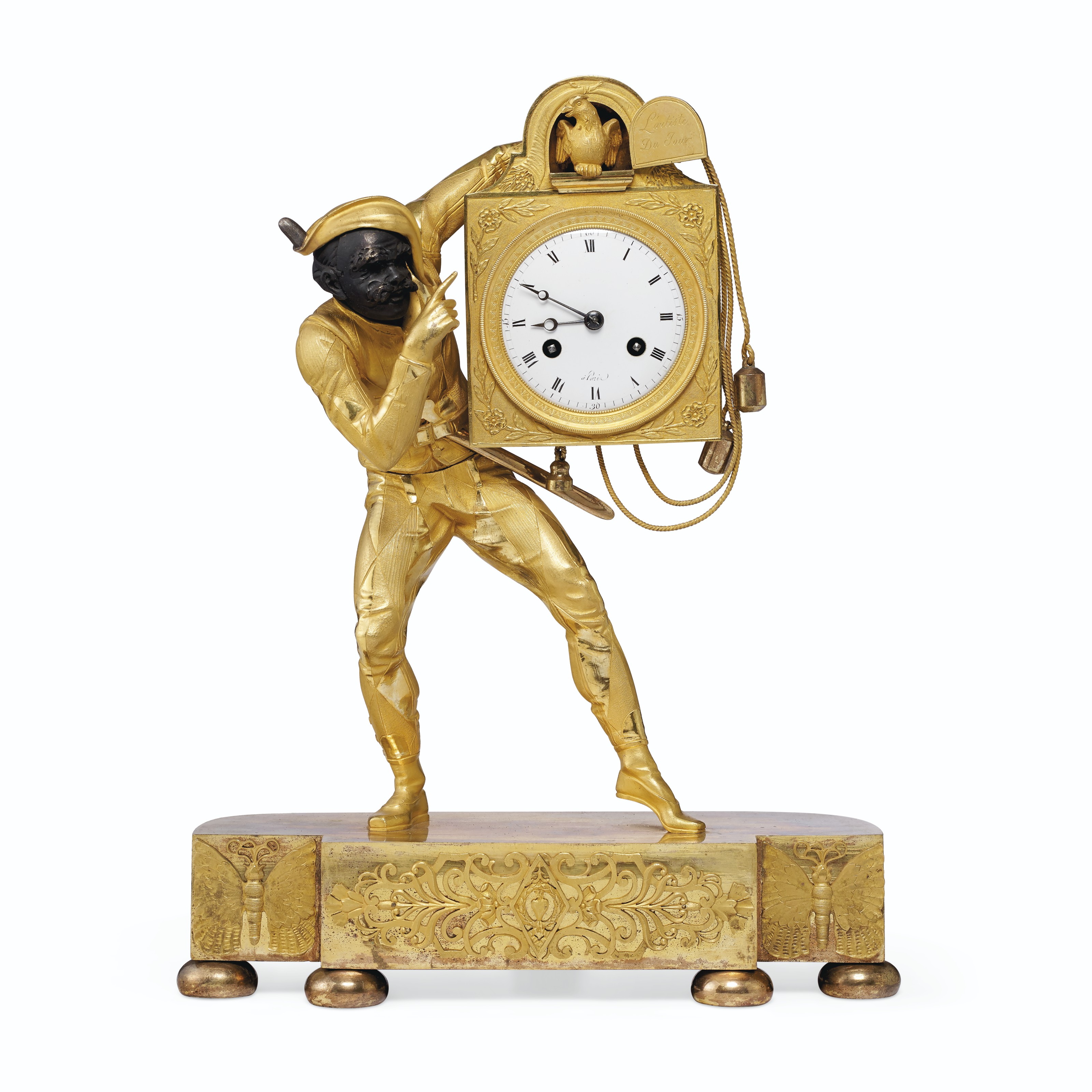 A CHARLES X GILT AND PATINATED BRONZE FIGURAL MANTEL CLOCK, CIRCA 1825 ...