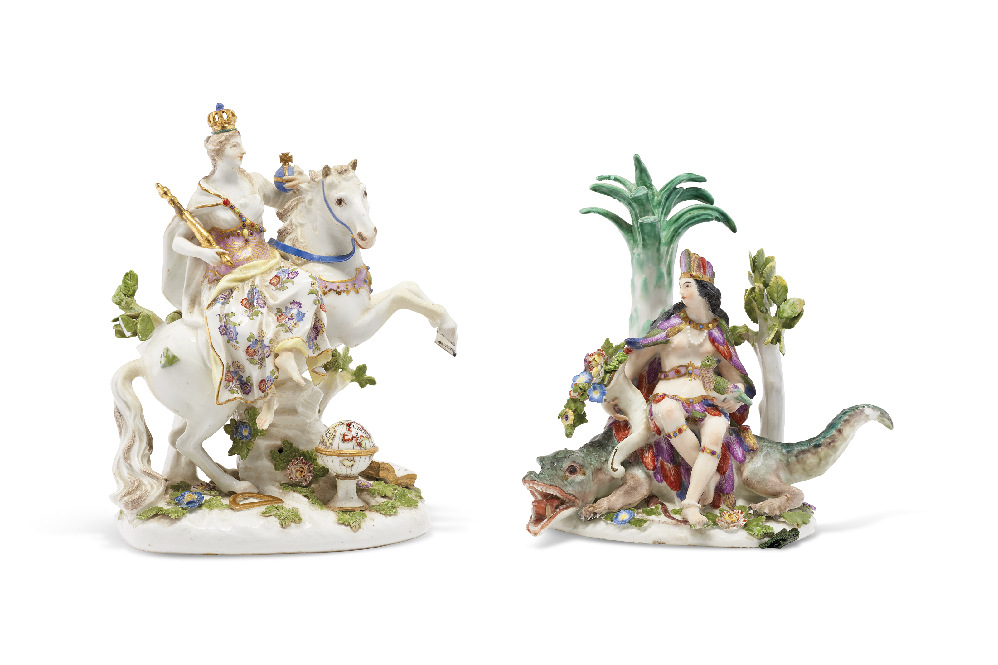 TWO MEISSEN PORCELAIN FIGURES EMBLEMATIC OF THE CONTINENTS EUROPE AND ...