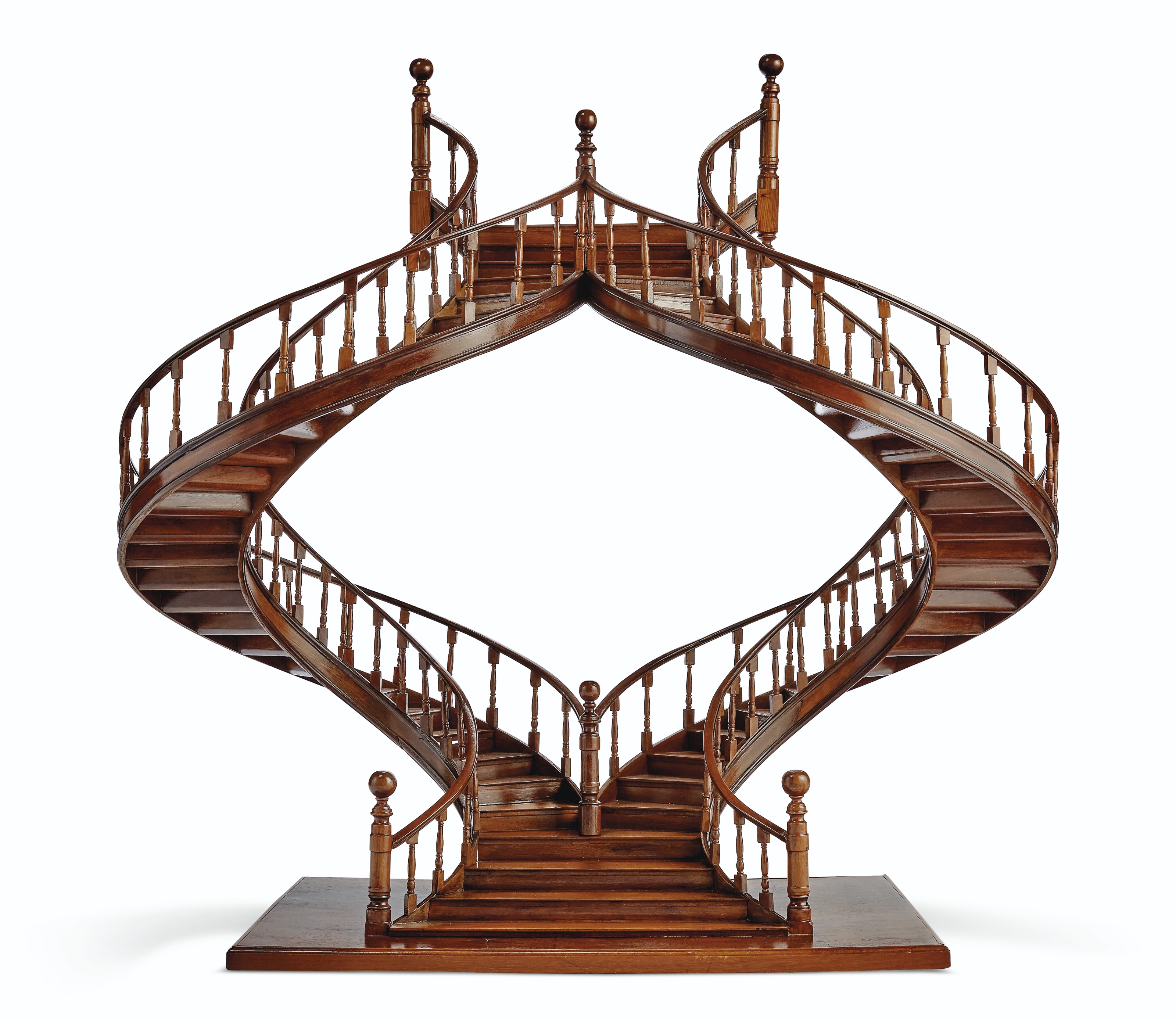 A MAHOGANY AND BOIS SATINE MODEL OF A STAIRCASE, POSSIBLY FRENCH, EARLY ...