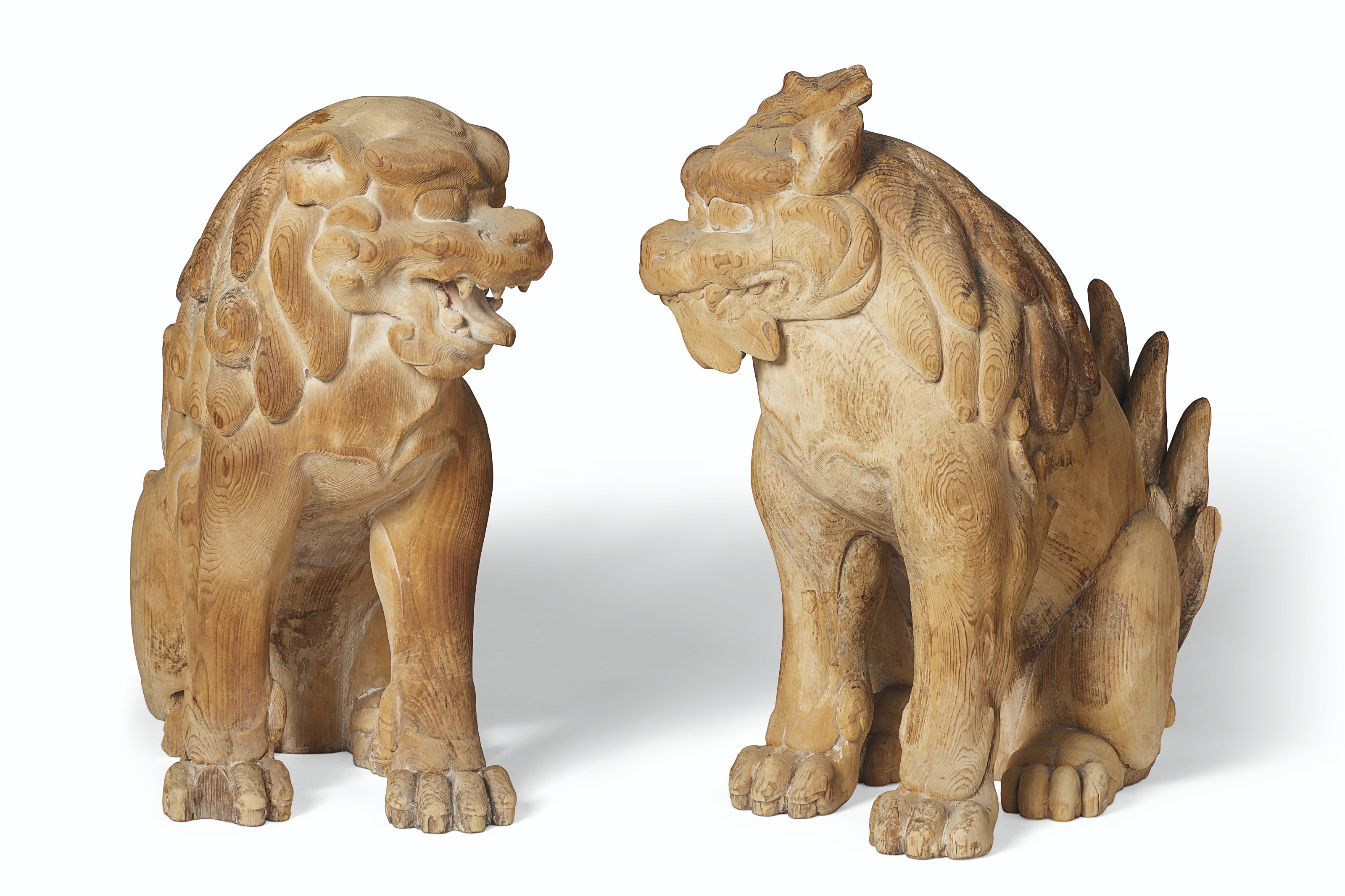 A PAIR OF CARVED WOOD MODELS OF TEMPLE GUARDIAN DOGS, KOMA-INU
