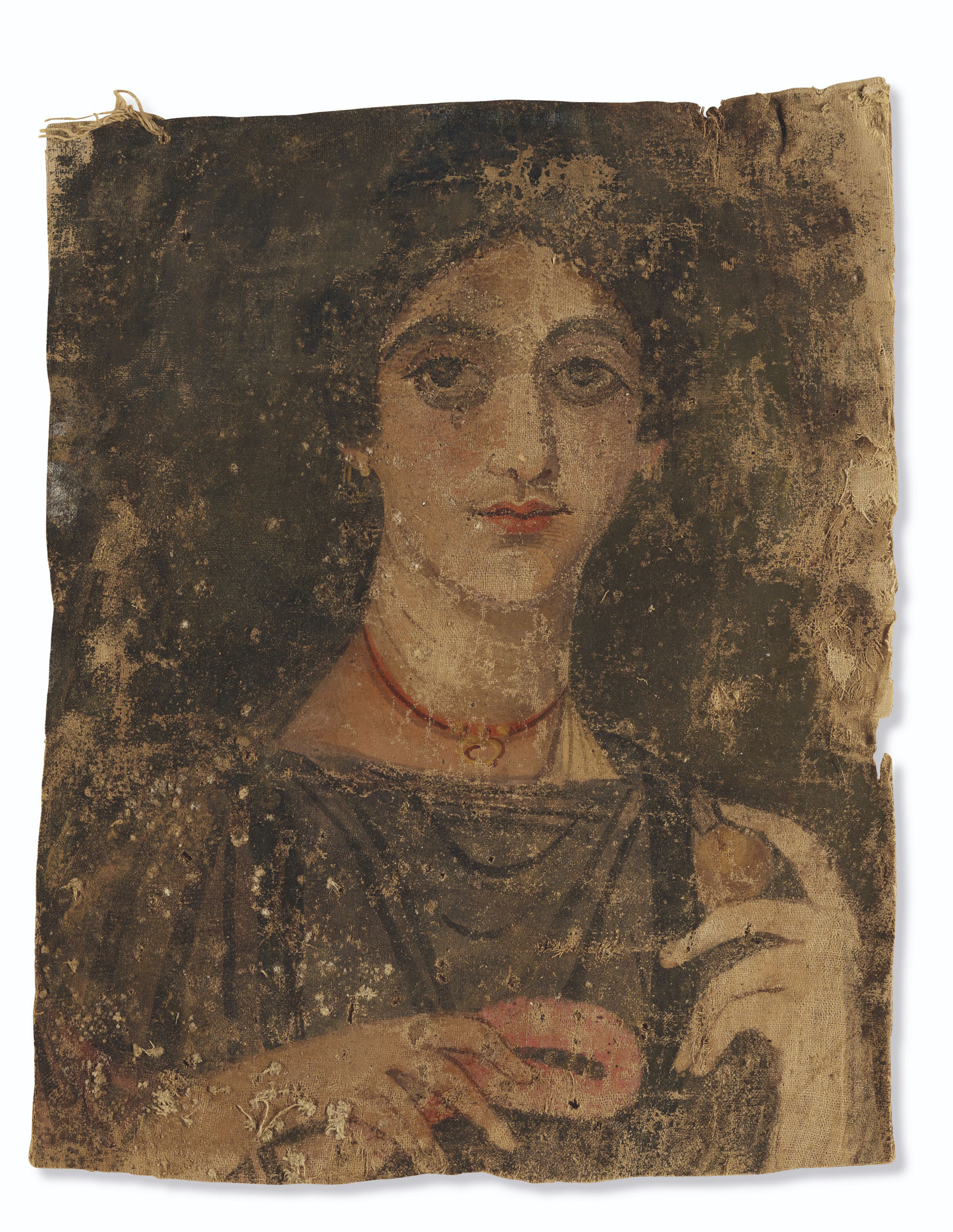 AN EGYPTIAN PAINTED LINEN MUMMY SHROUD WITH A PORTRAIT OF A WOMAN ...