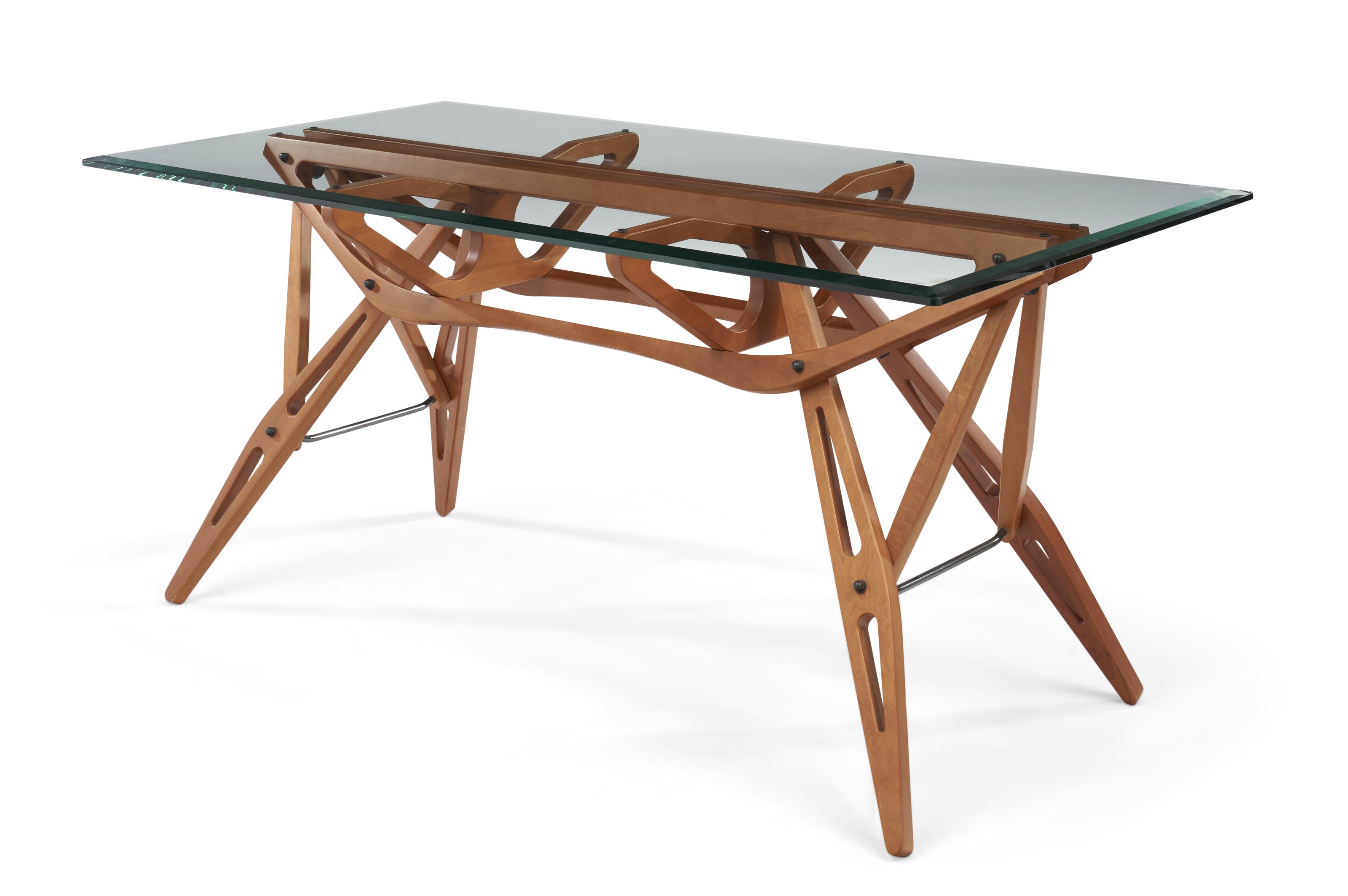 AN ITALIAN WALNUT AND GLASS TOPPED 'REALE' TABLE, MANUFACTURED BY ...