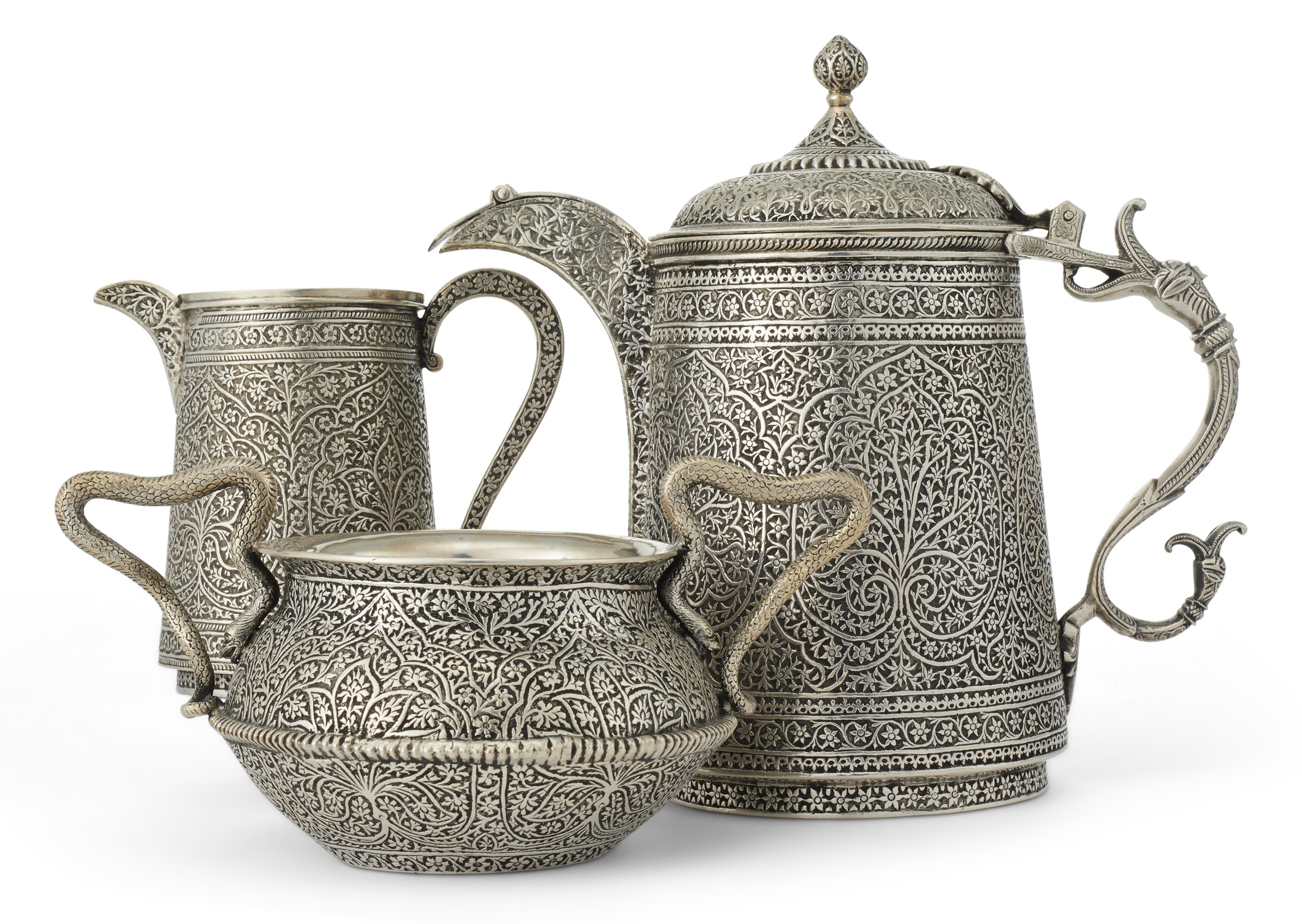 AN ASSEMBLED INDIAN SILVER THREE-PIECE COFFEE SERVICE, KASHMIR, THE ...