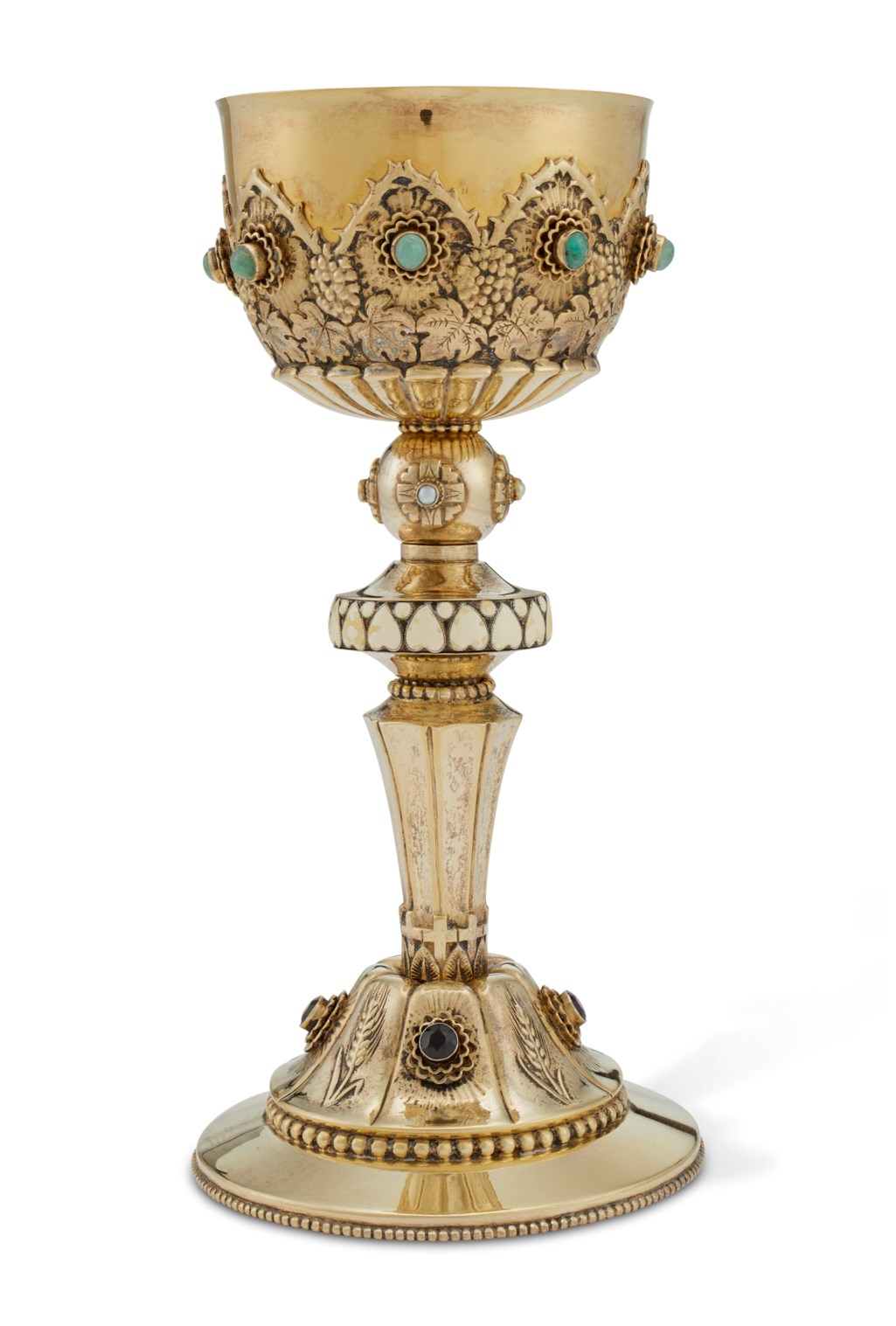 THREE CONTINENTAL SILVER-GILT, ENAMEL AND GEM-SET CHALICES, VARIOUS ...