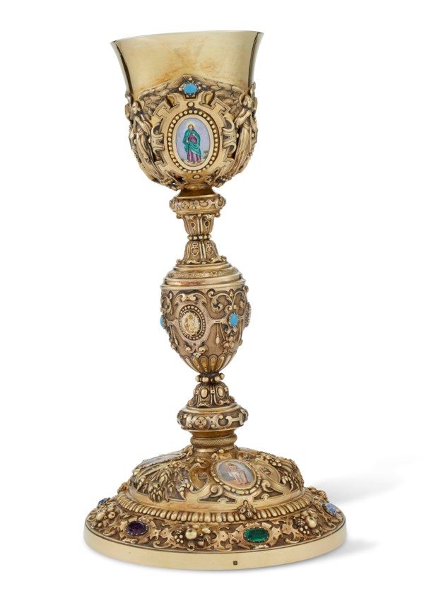 THREE CONTINENTAL SILVER-GILT, ENAMEL AND GEM-SET CHALICES, VARIOUS ...