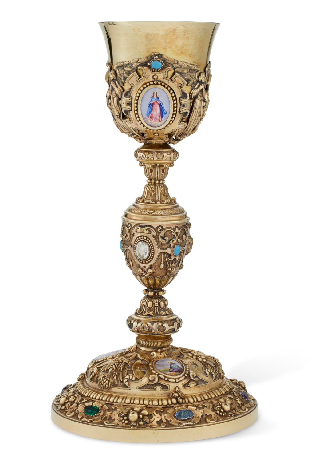 THREE CONTINENTAL SILVER-GILT, ENAMEL AND GEM-SET CHALICES, VARIOUS ...