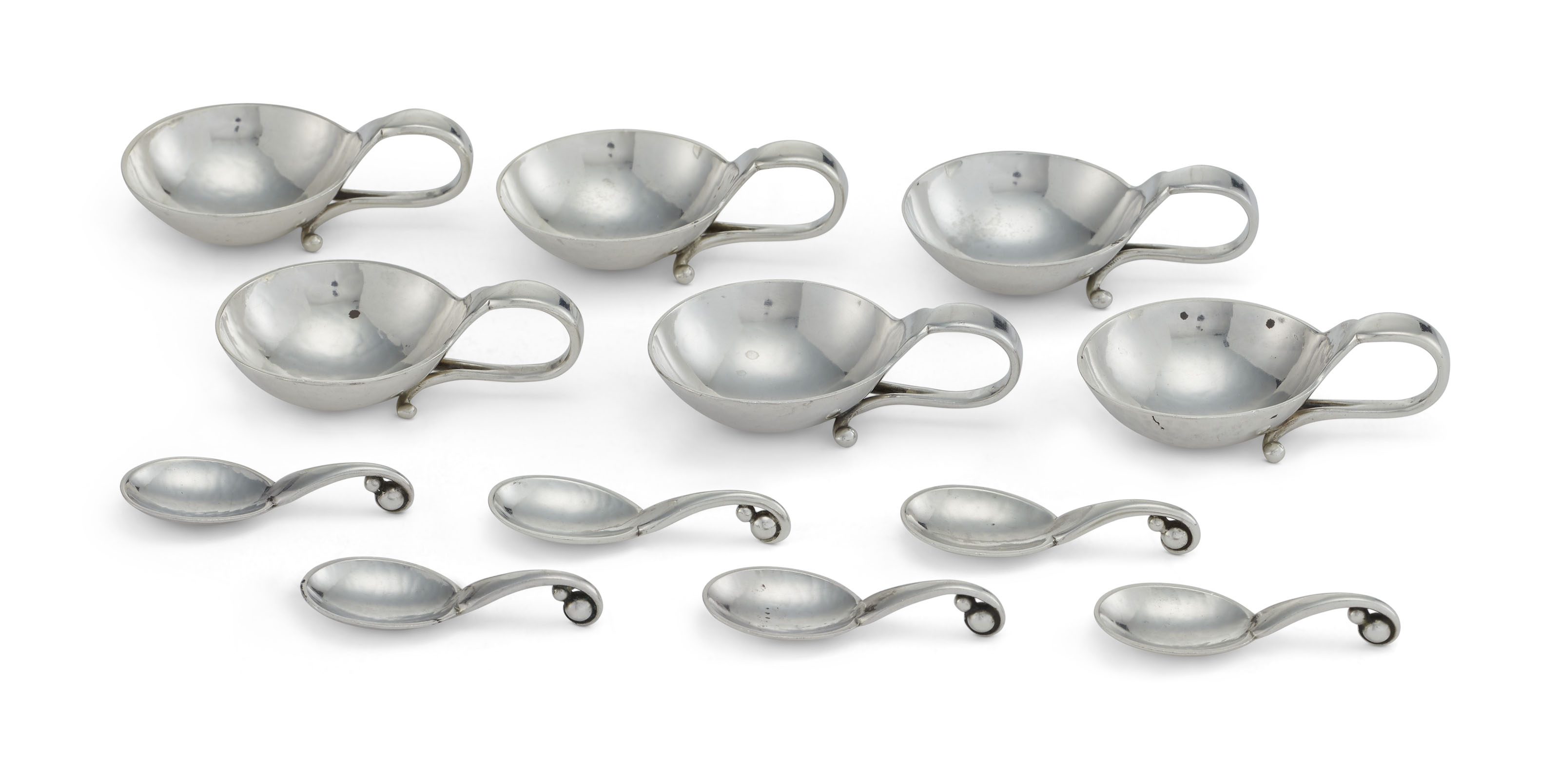 A SET OF SIX DANISH SILVER SALT CELLARS AND SALT SPOONS, NO. 110, MARK ...