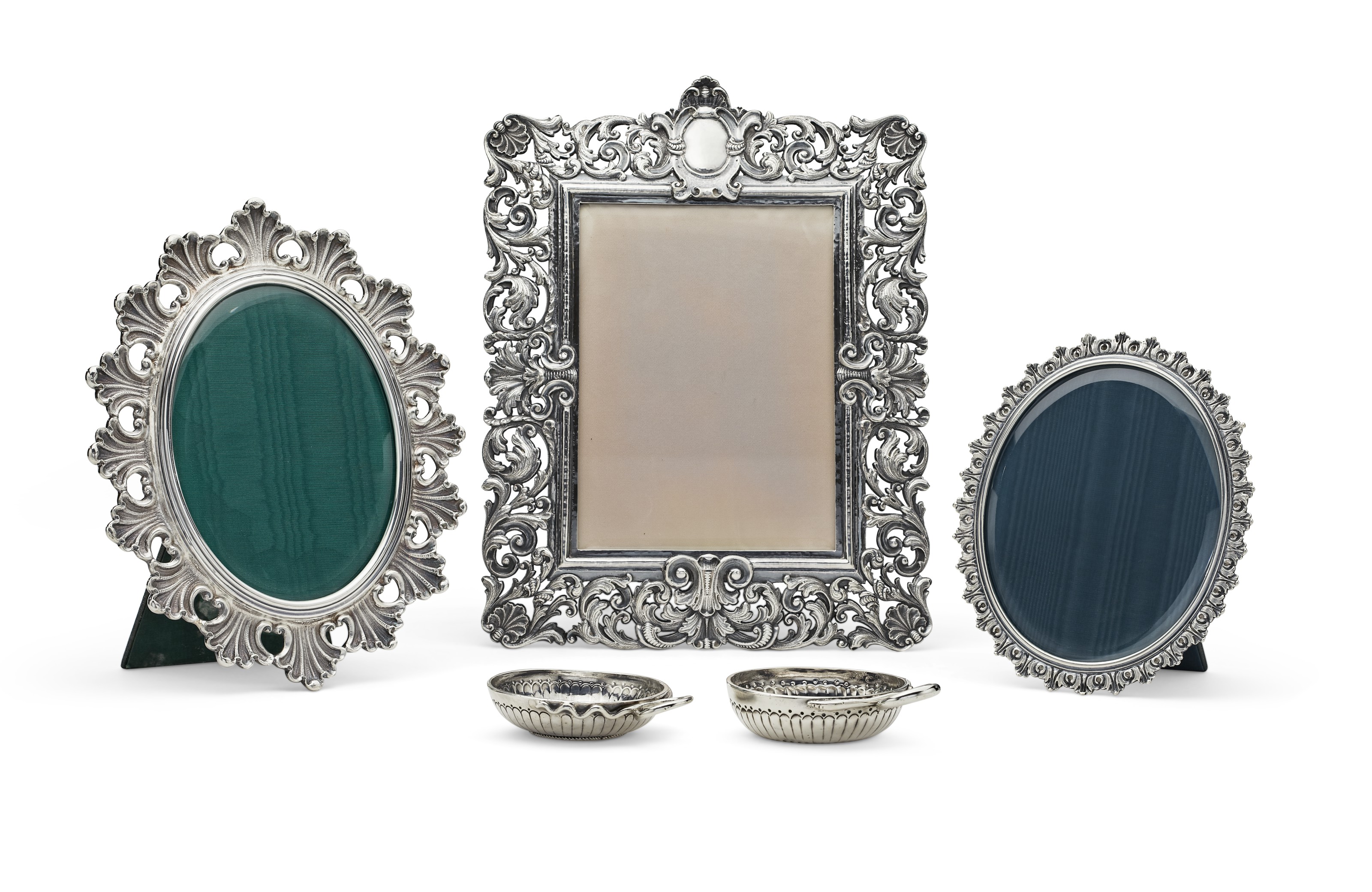 THREE ITALIAN SILVER PHOTO FRAMES AND TWO FRENCH SILVER WINE TASTERS ...