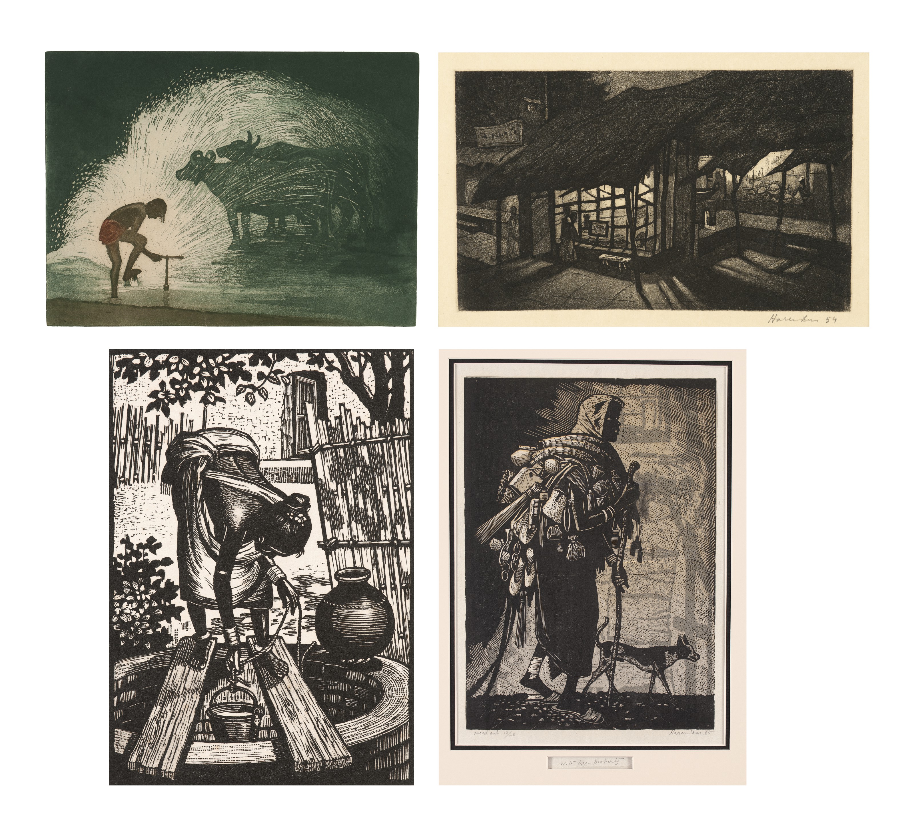HAREN DAS (1921-1993), Summer Bath; Untitled (Shop at Night); Woman at the Well; With her ...
