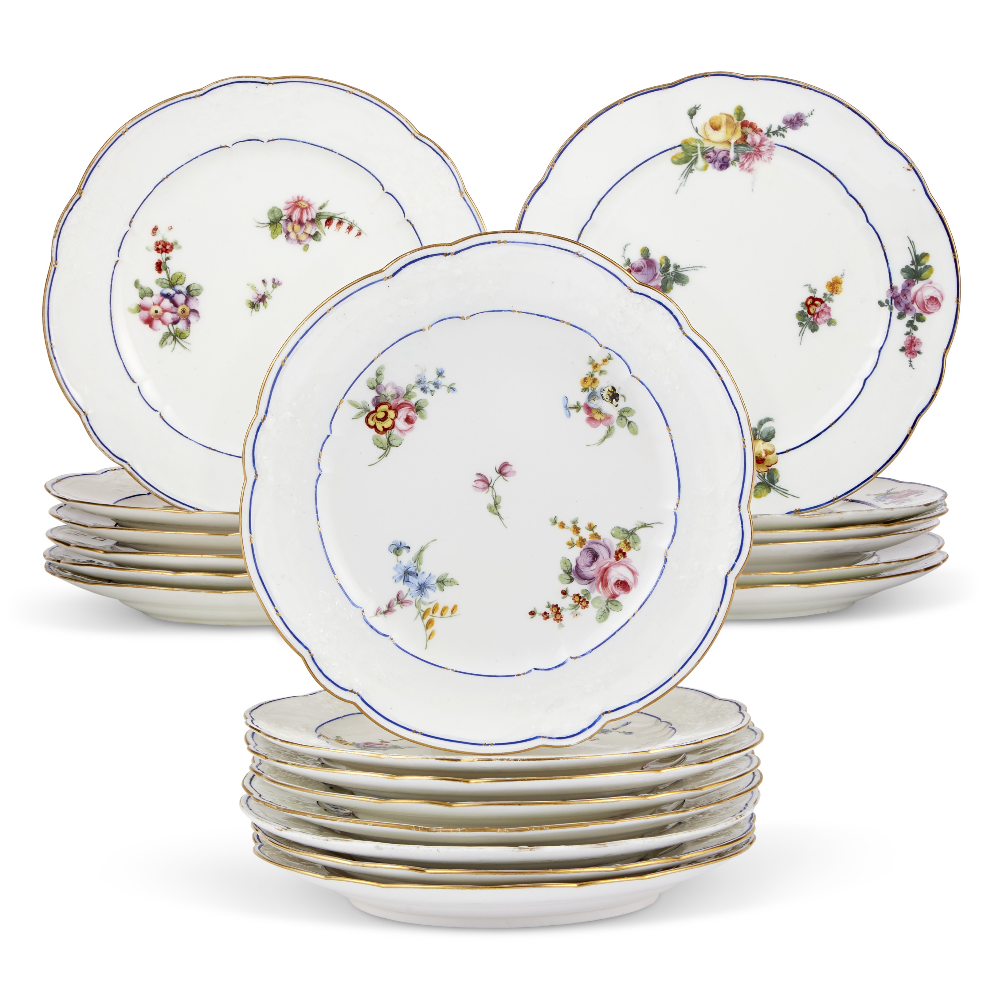 A GROUP OF TWENTY SEVRES PORCELAIN PLATES, LATE 18TH CENTURY, VARIOUS ...