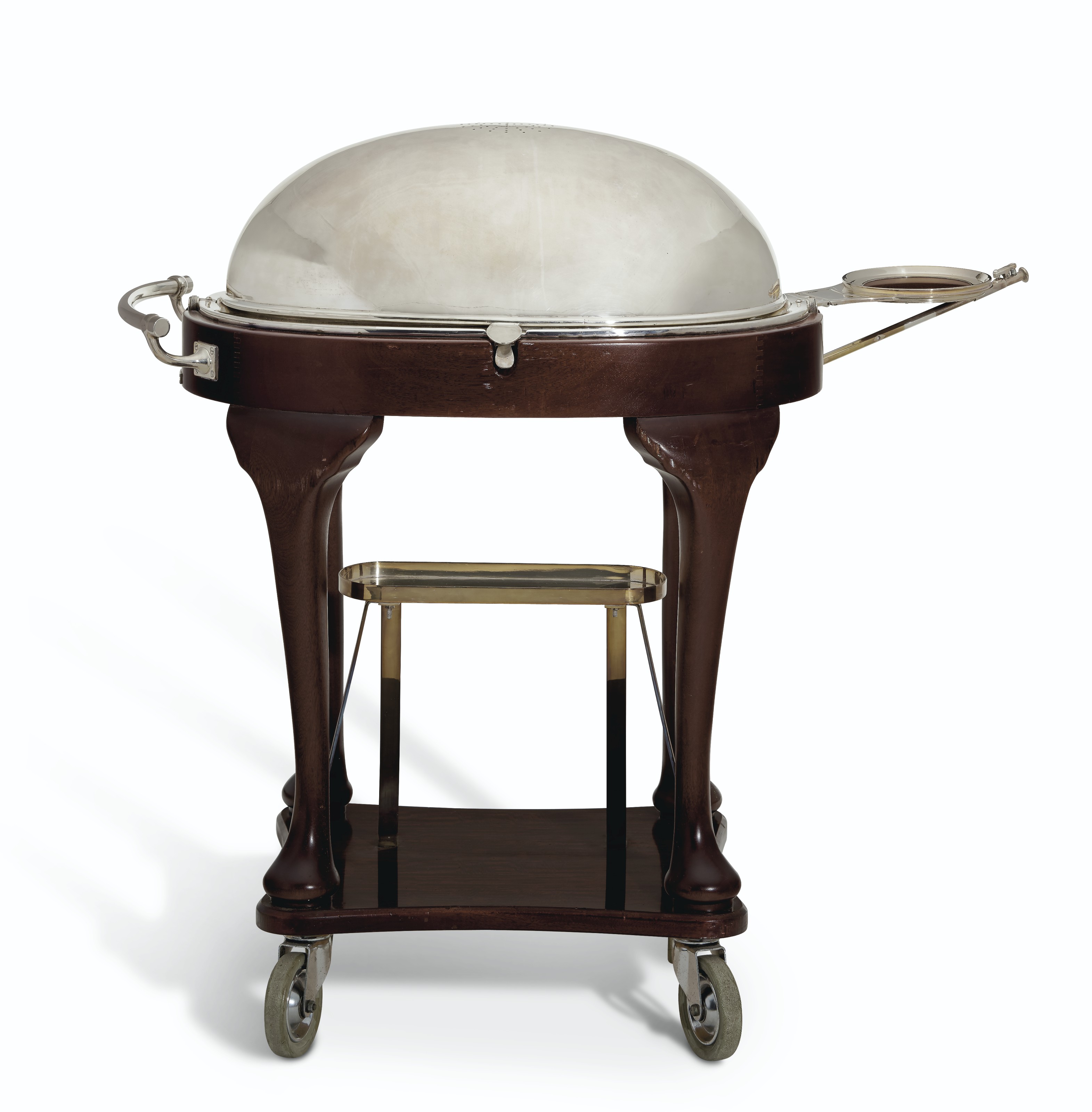AN ENGLISH MAHOGANY AND SILVER-PLATED CARVING TROLLEY, FIRST HALF 20TH ...