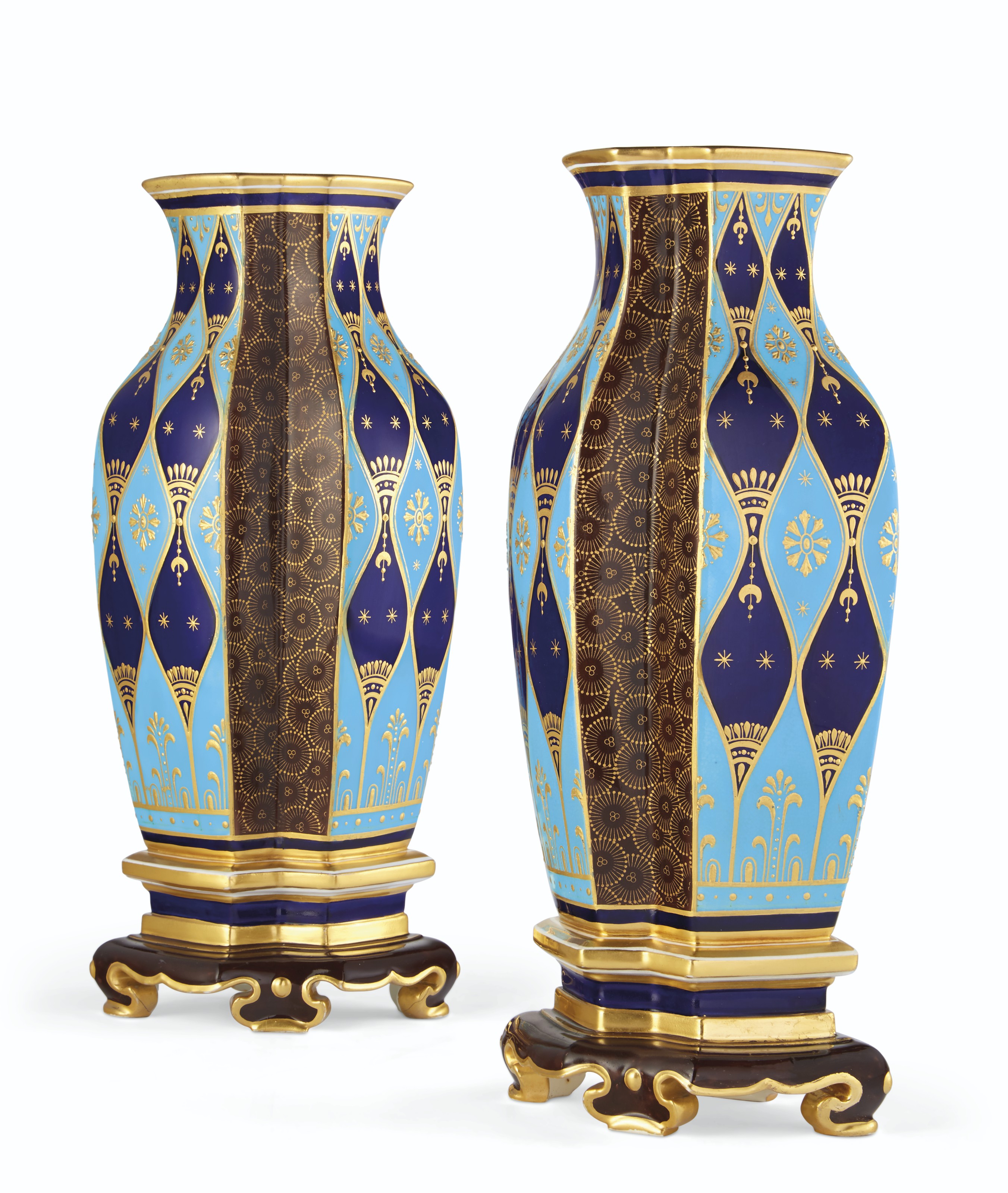 A PAIR OF MINTONS PORCELAIN COBALT-BLUE, TURQUOISE AND CHOCOLATE-BROWN ...