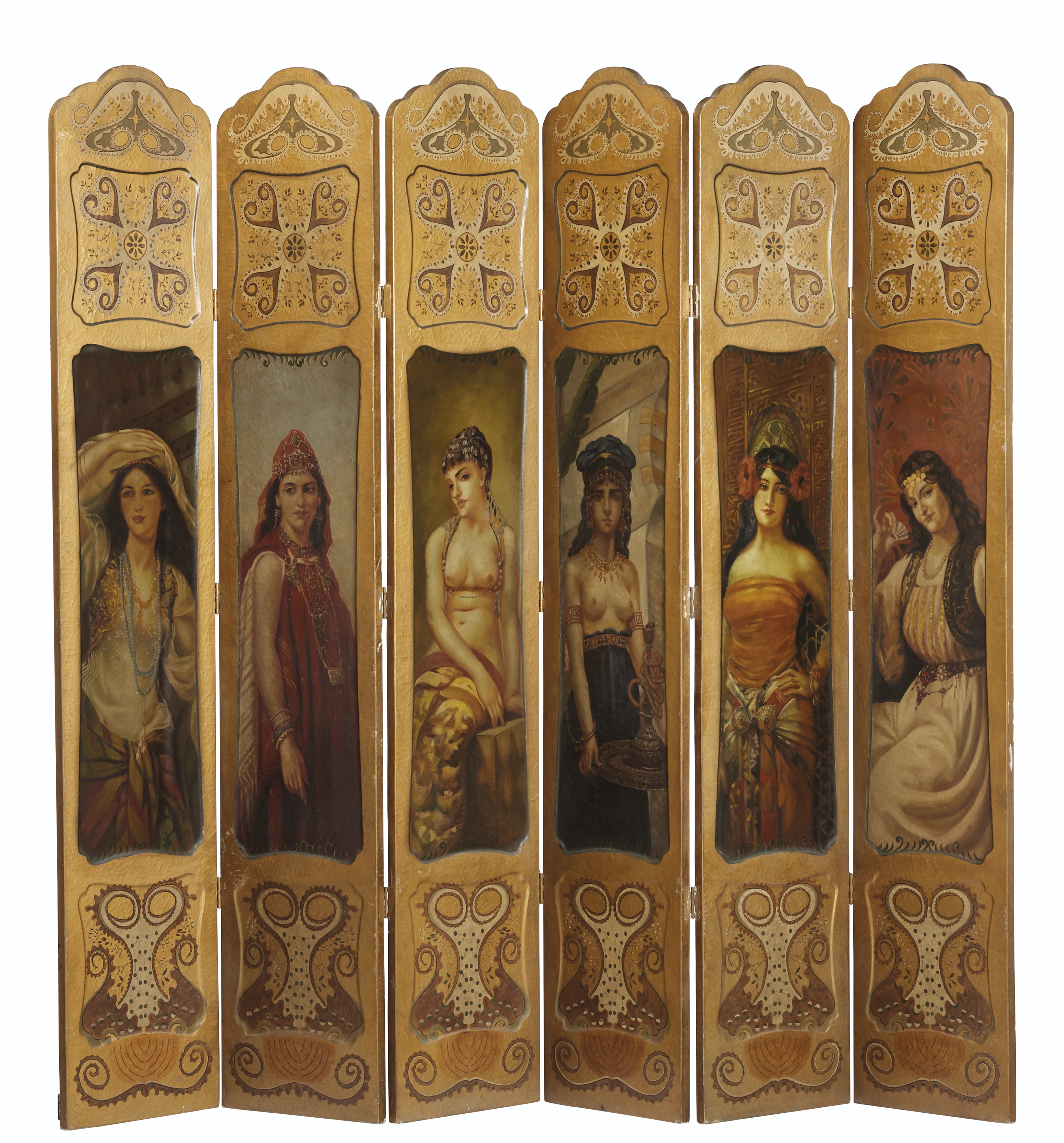 A POLYCHROME PAINT-DECORATED SIX-PANEL FLOOR SCREEN, POSSIBLY FRENCH ...