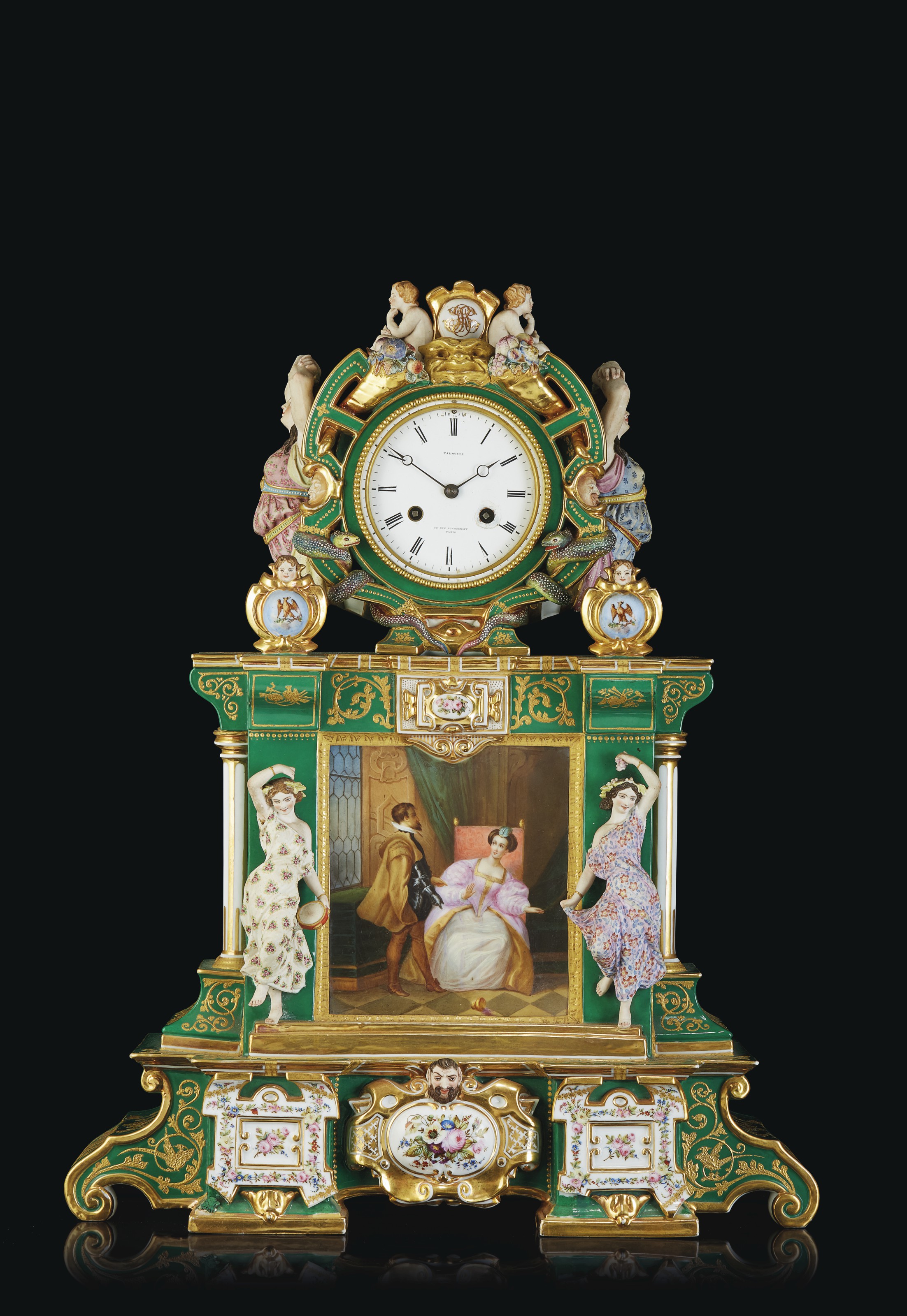 A PARIS PORCELAIN GREEN-GROUND FIGURAL CLOCK ON STAND, MID TO LATE 19TH ...