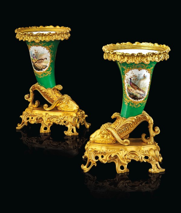 A PAIR OF ORMOLU-MOUNTED PARIS PORCELAIN GREEN-GROUND RHYTON VASES ON ...