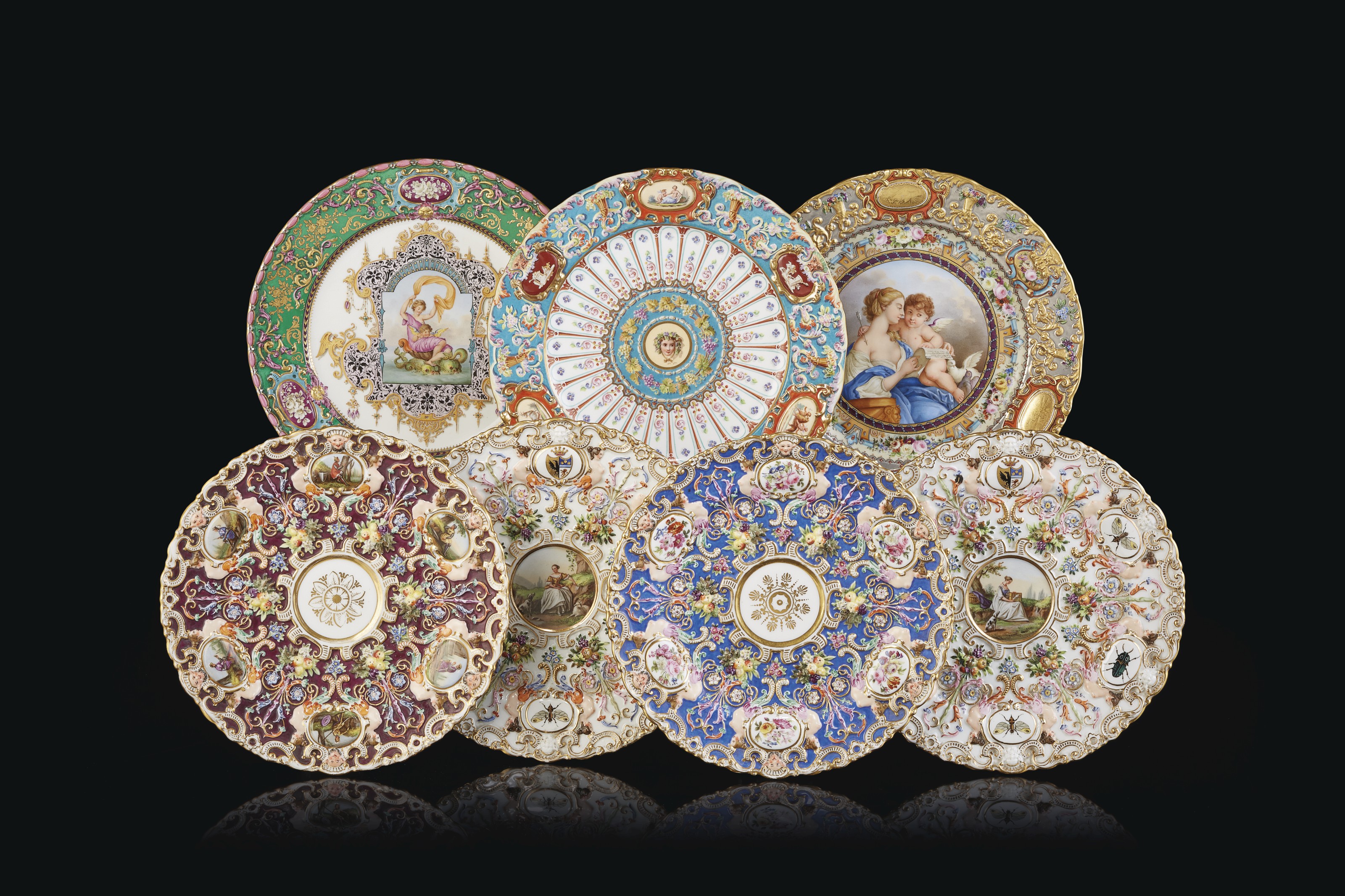 SEVEN JACOB PETIT PORCELAIN PLATES, MID-19TH CENTURY, BLUE J.P. MARKS ...