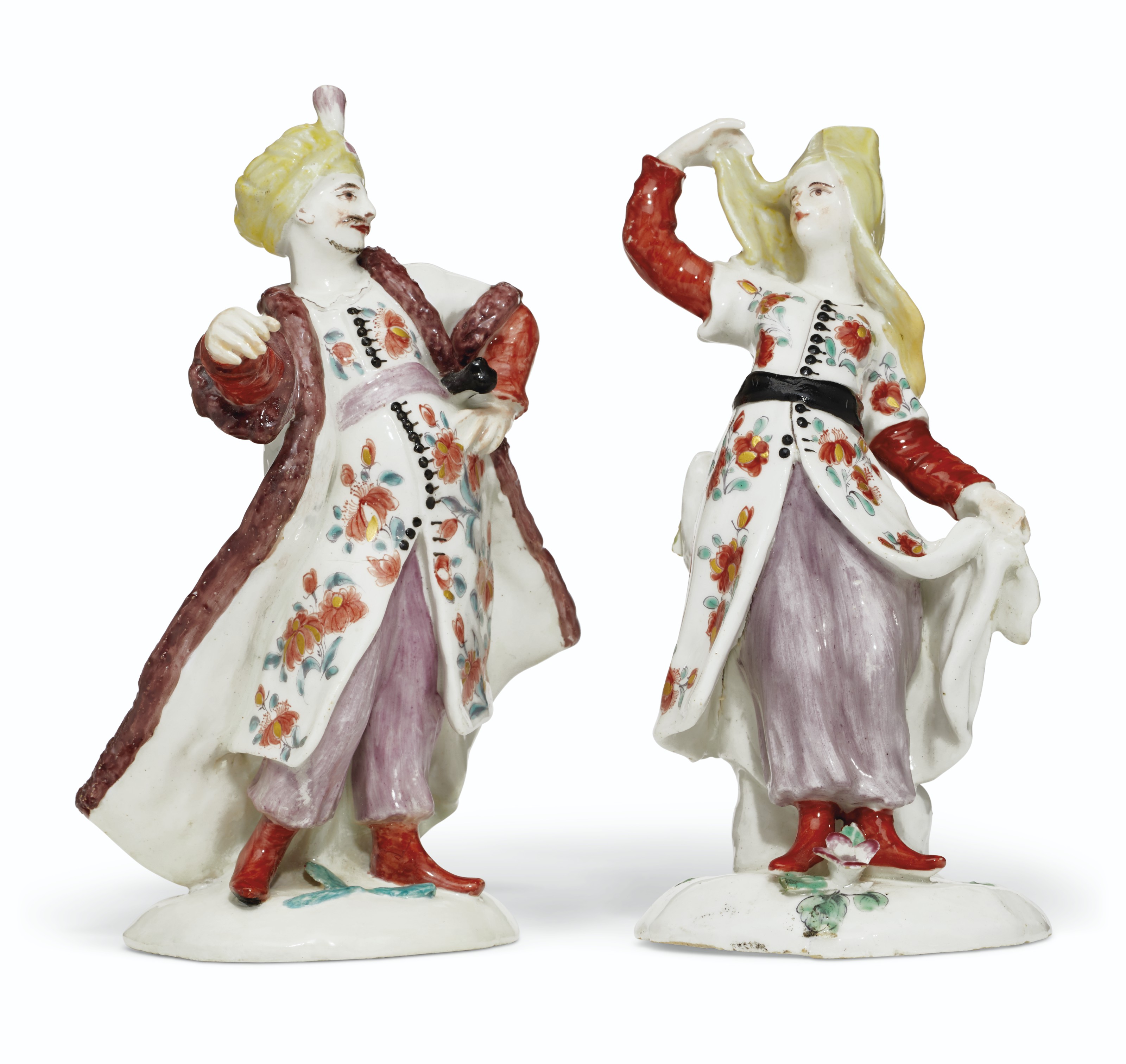 A PAIR OF BOW PORCELAIN FIGURES OF A TURK AND 'LEVANTINE LADY', CIRCA ...