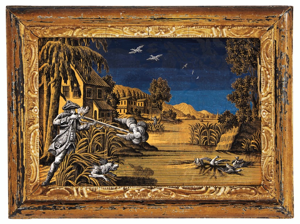 A PAIR OF DUTCH VERRE EGLOMISE HUNTING SCENES, BY JONAS ZEUNER (1727 ...