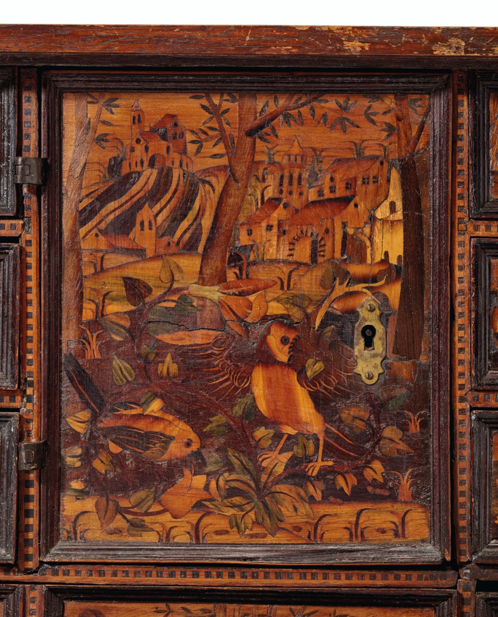 A GERMAN ASH AND MARQUETRY TRAVELLING CABINET, AUGSBURG, CIRCA 1600 ...
